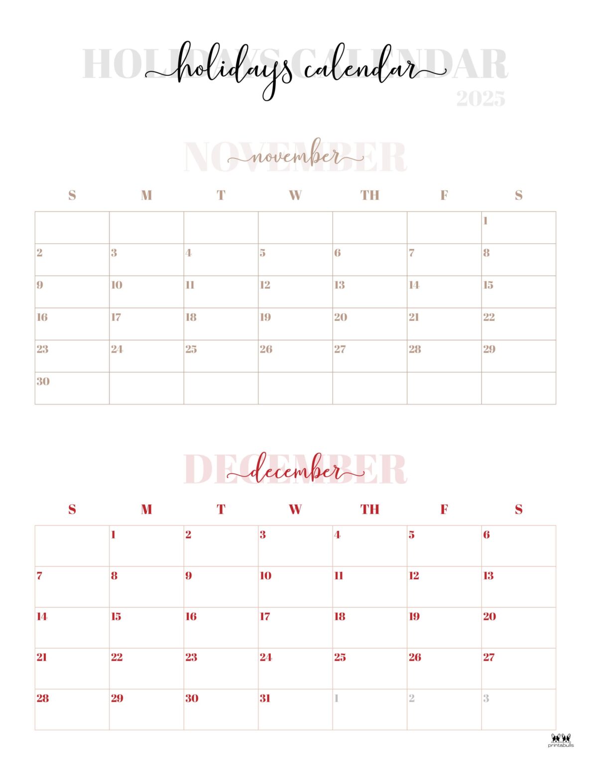November December 2025 Calendars - 28 Printables | Printabulls