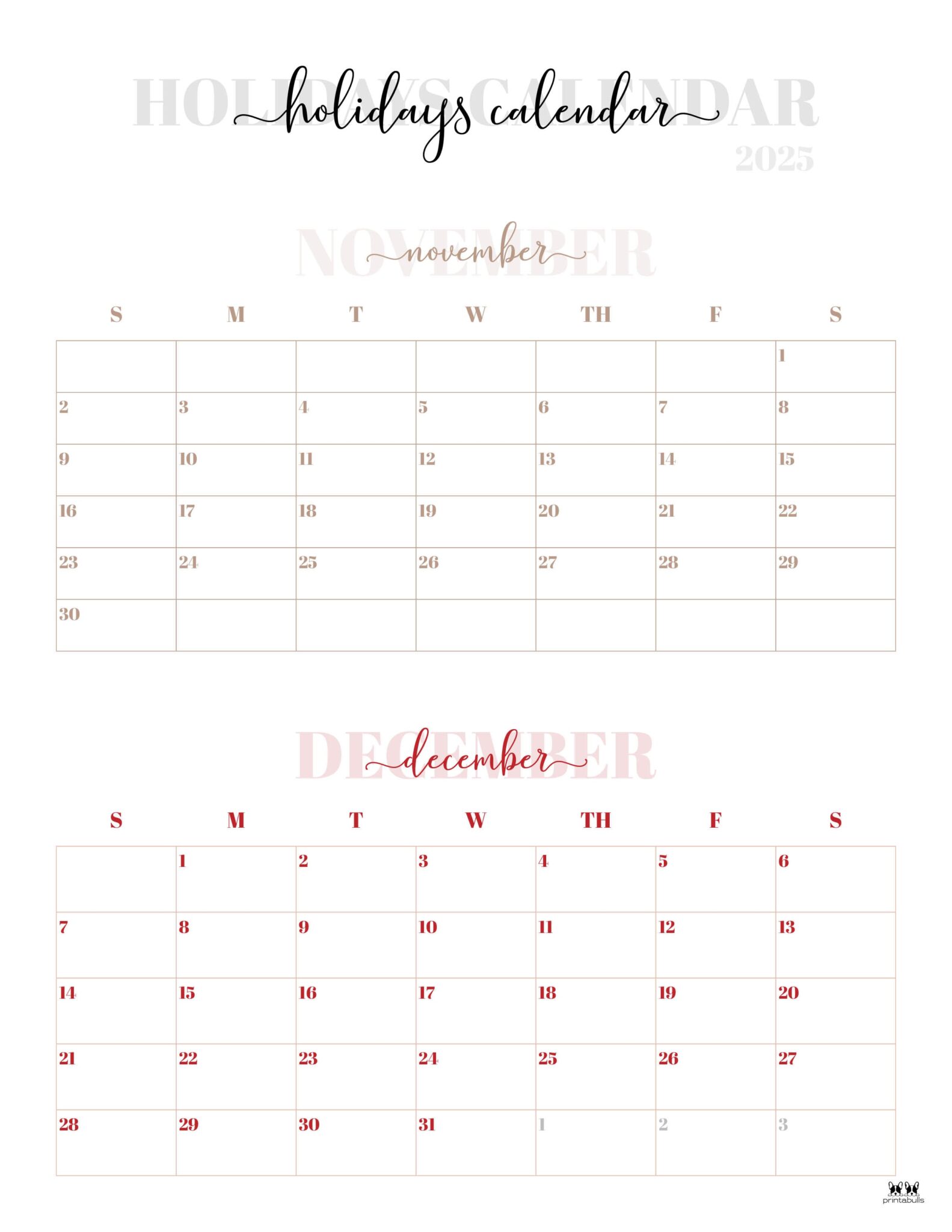 November December 2025 Calendars - 28 Printables | Printabulls