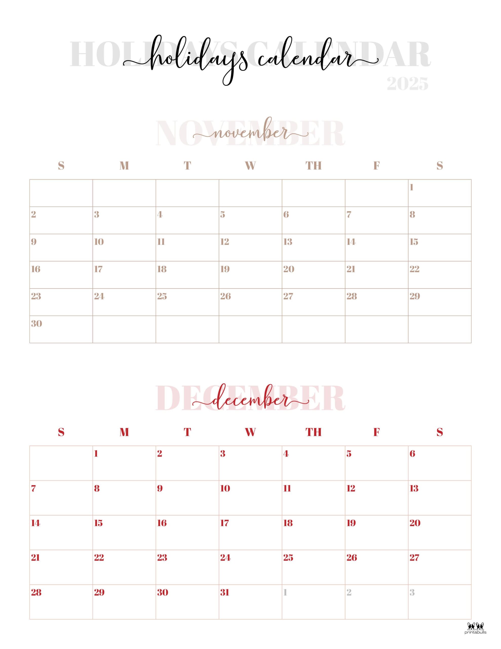 November December 2025 Calendars - 28 Printables | Printabulls