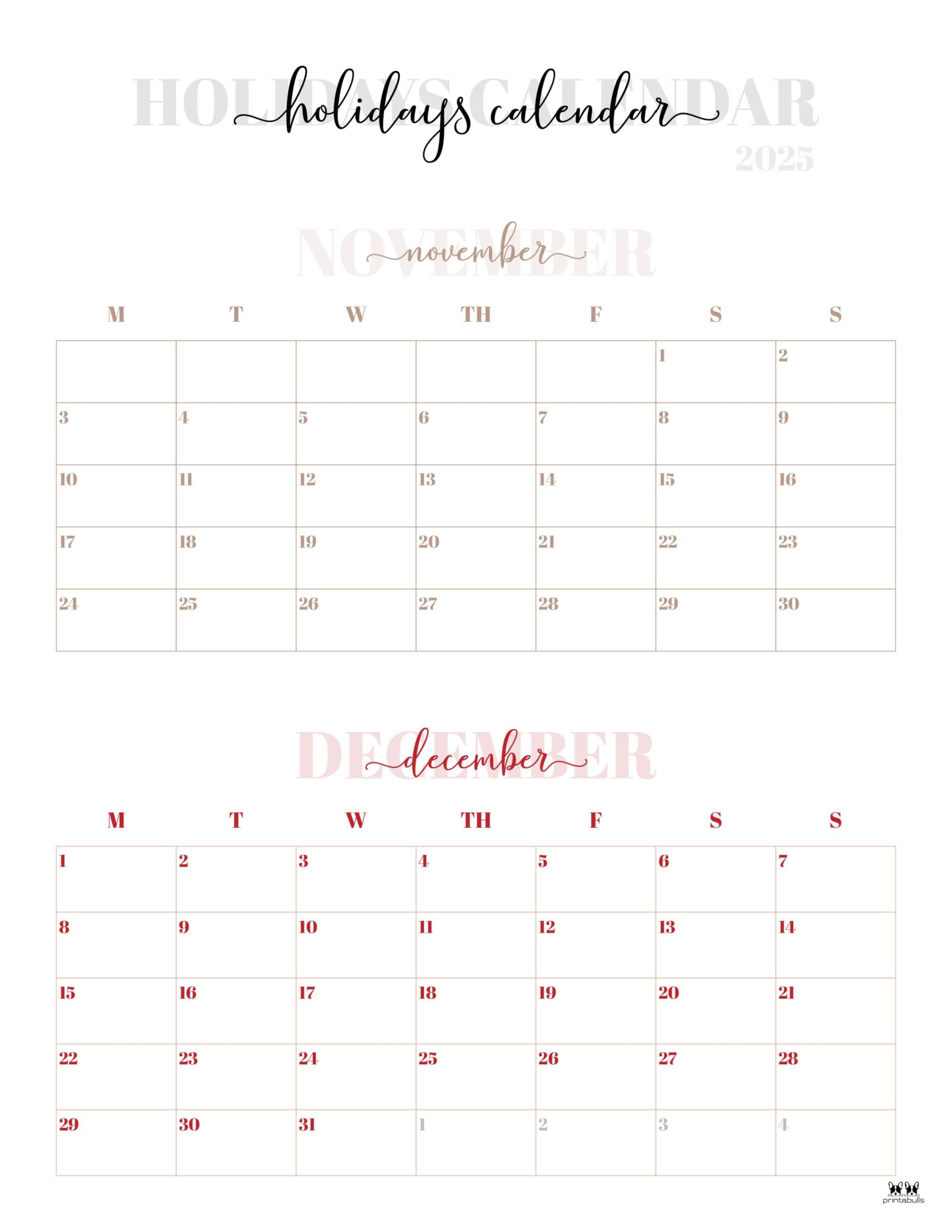November December 2025 Calendars - 28 Printables | Printabulls