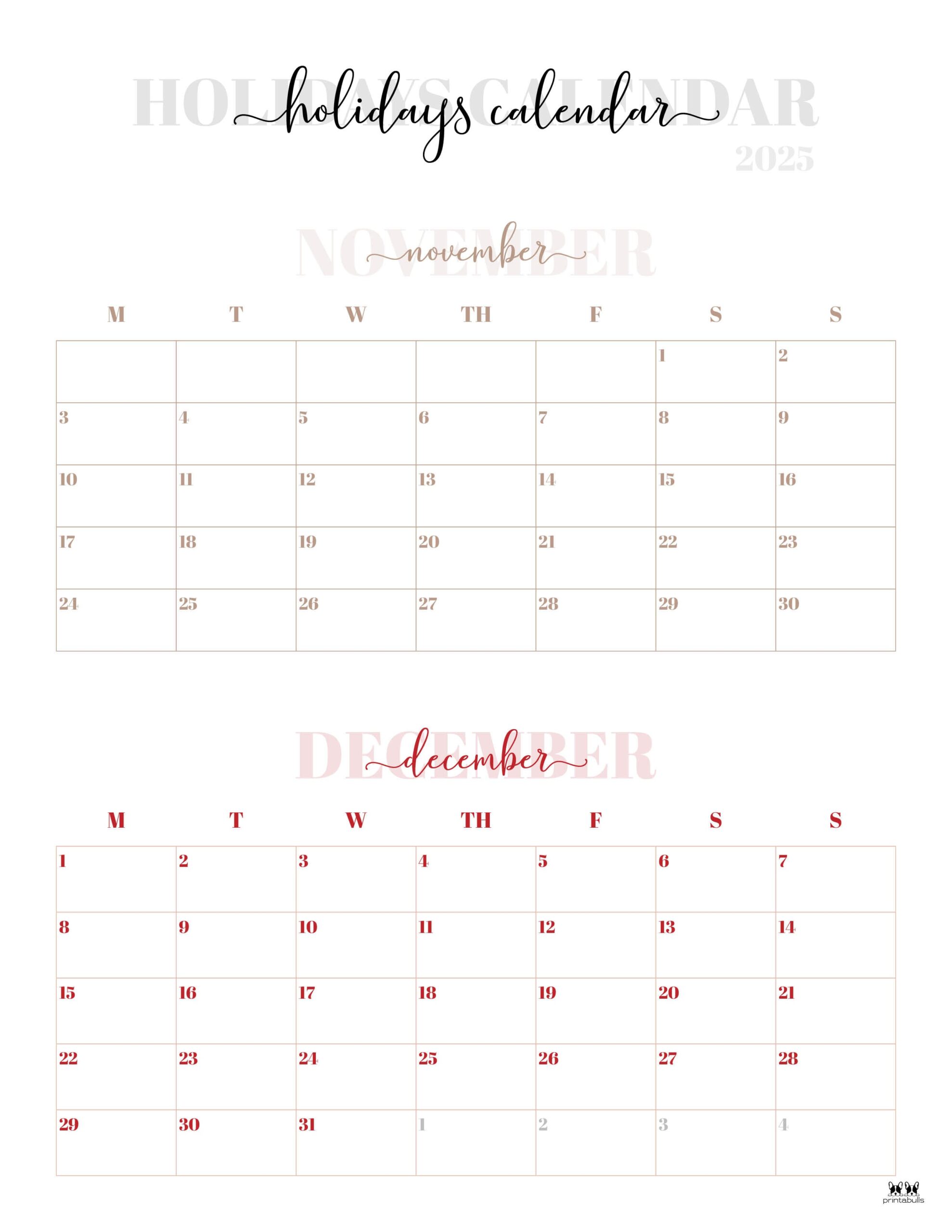 November December 2025 Calendars - 28 Printables | Printabulls
