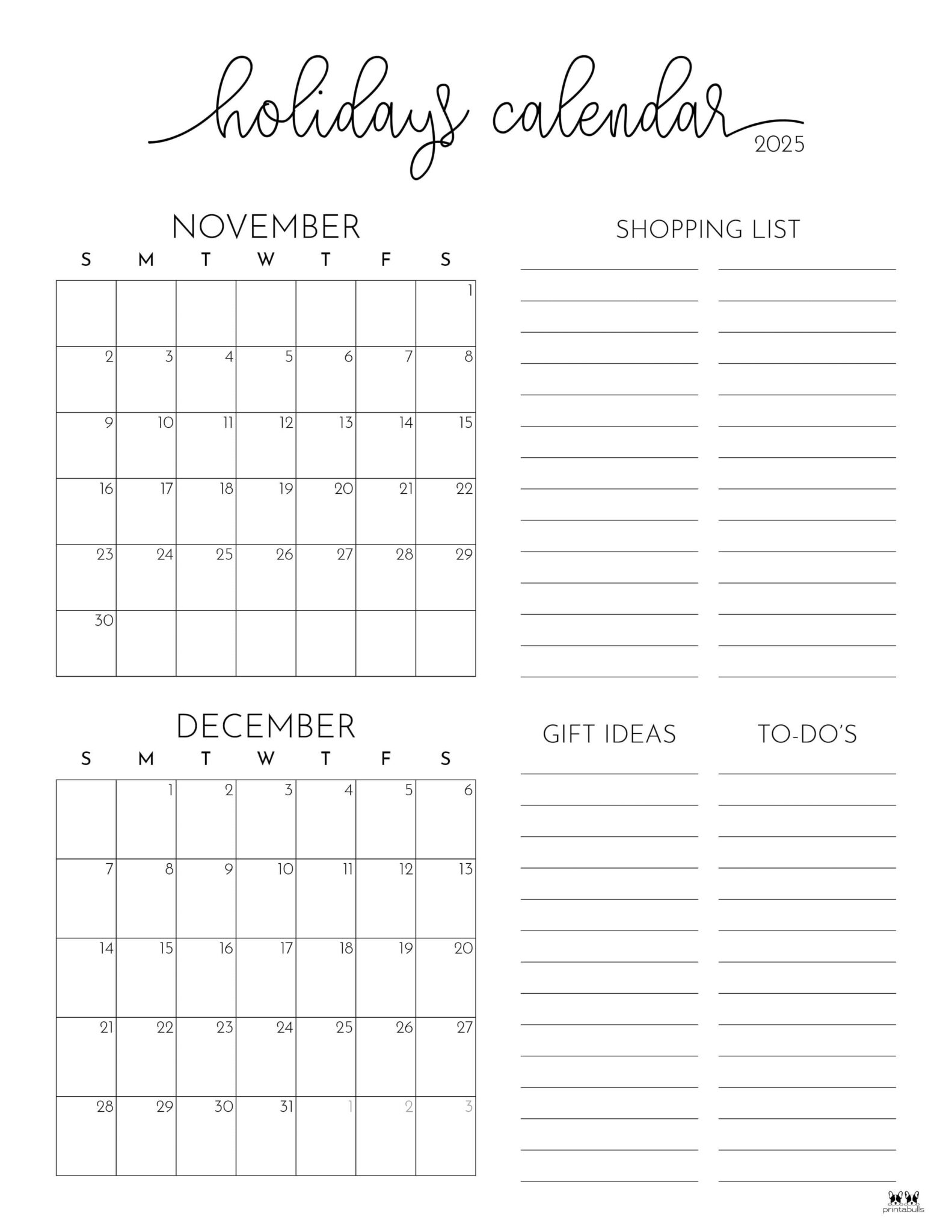 November December 2025 Calendars - 28 Printables | Printabulls
