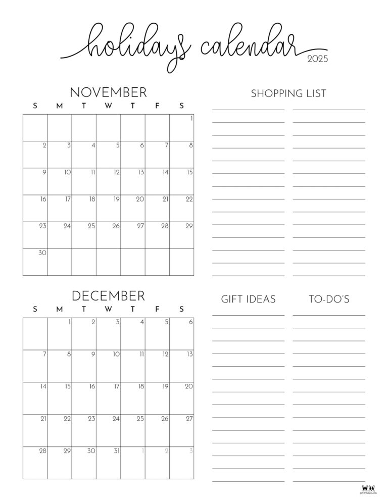 November December 2025 Calendars - 28 Printables | Printabulls
