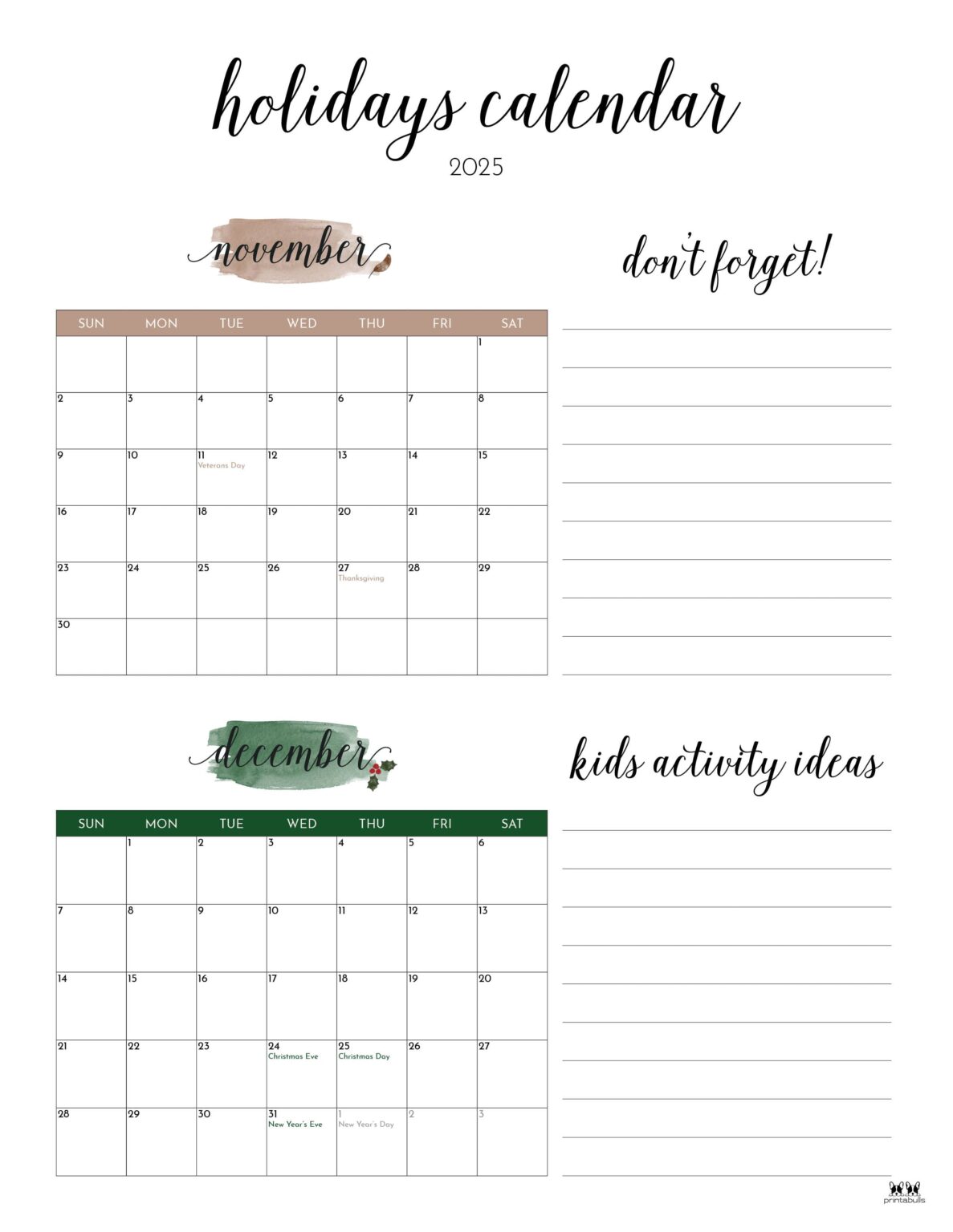 November December 2025 Calendars - 28 Printables | Printabulls