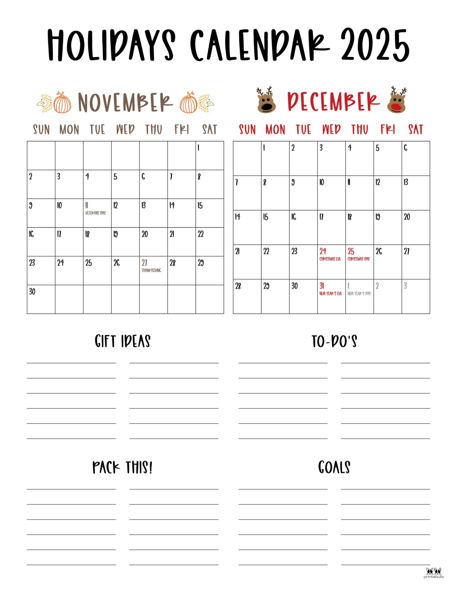 November December 2025 Calendars - 28 Printables | Printabulls