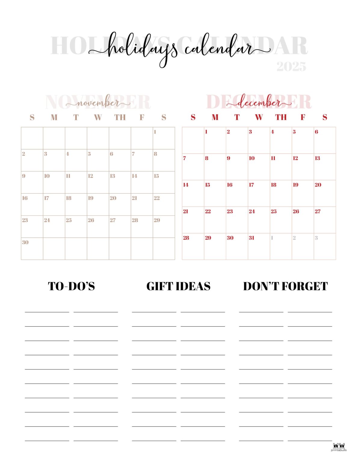 November December 2025 Calendars - 28 Printables | Printabulls