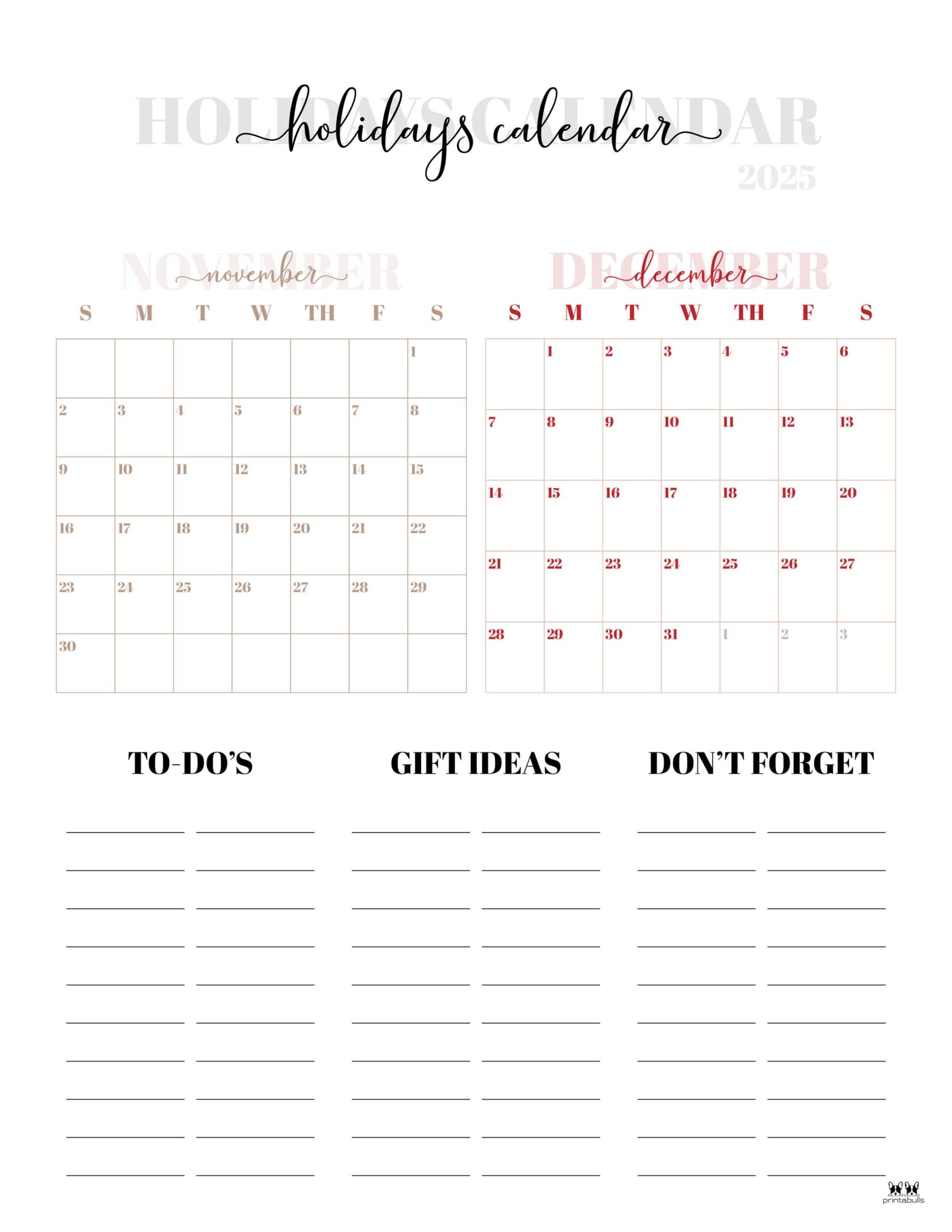 November December 2025 Calendars - 28 Printables | Printabulls