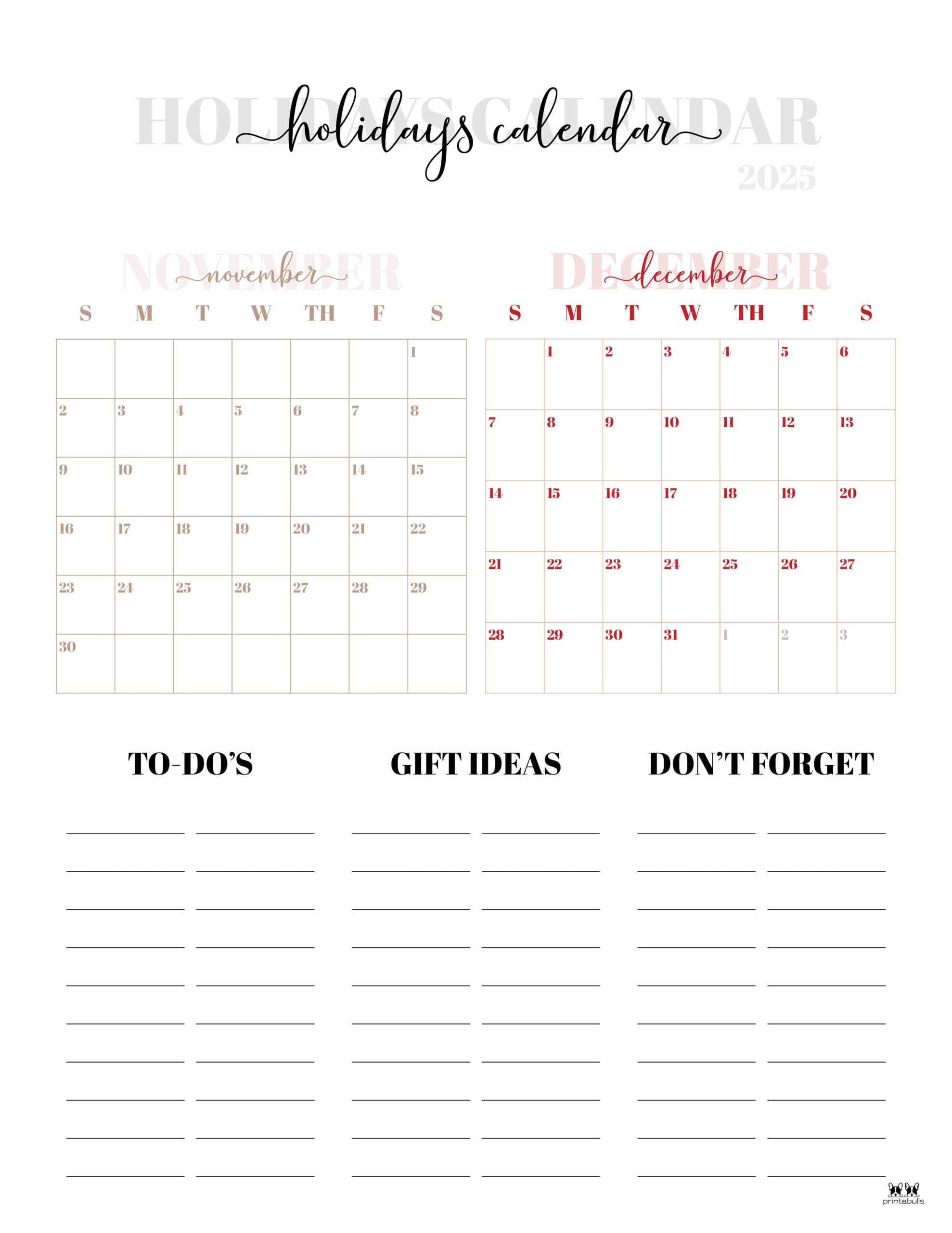 November December 2025 Calendars - 28 Printables | Printabulls