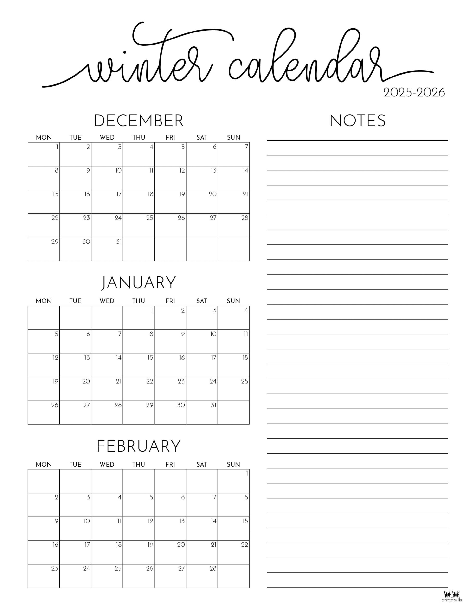 2025-2026 Winter Calendars - 14 FREE Cals | Printabulls
