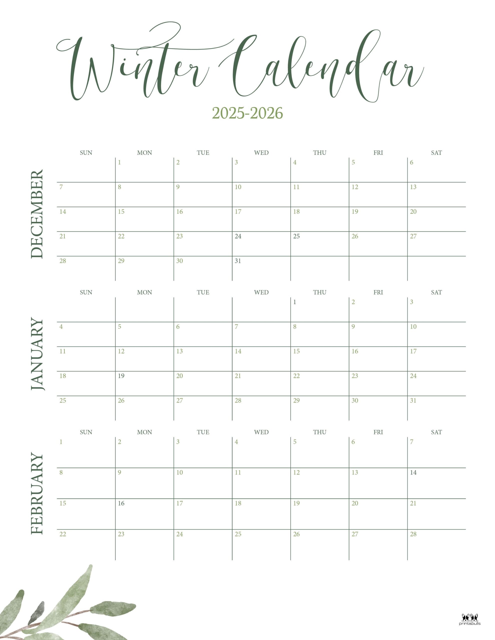 2025-2026 Winter Calendars - 14 FREE Cals | Printabulls