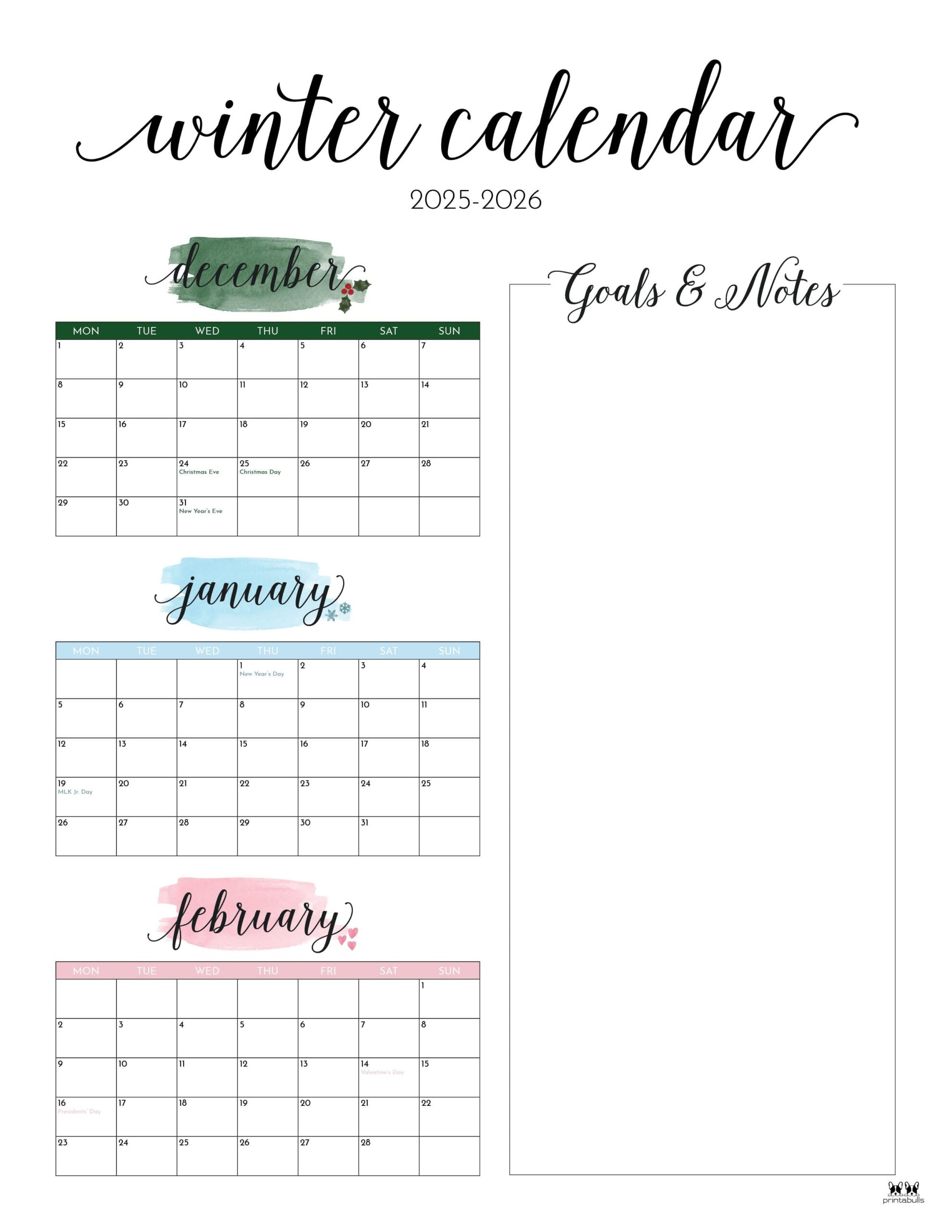 2025-2026 Winter Calendars - 14 FREE Cals | Printabulls