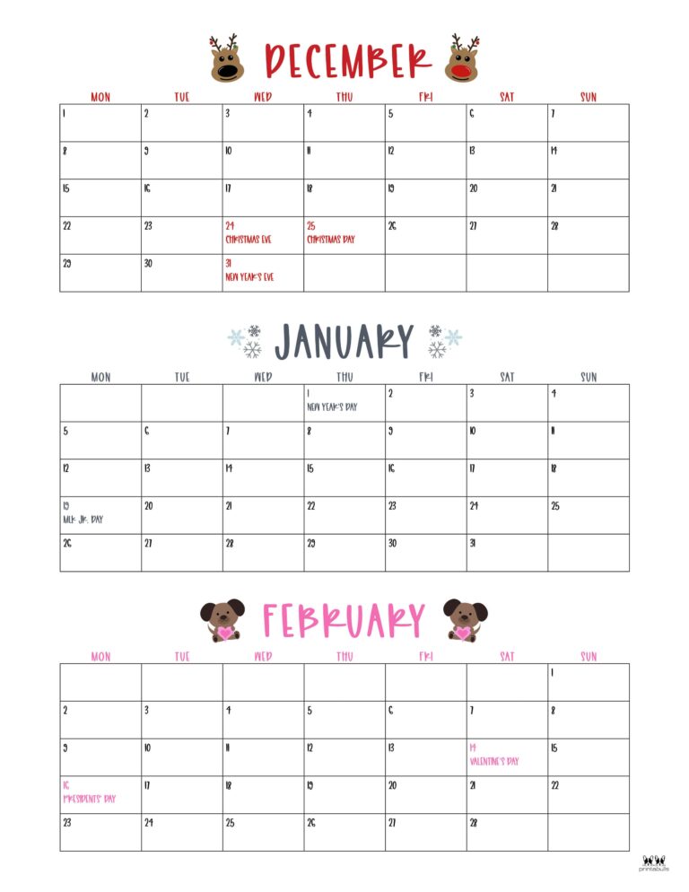 2025-2026 Winter Calendars - 14 FREE Cals | Printabulls
