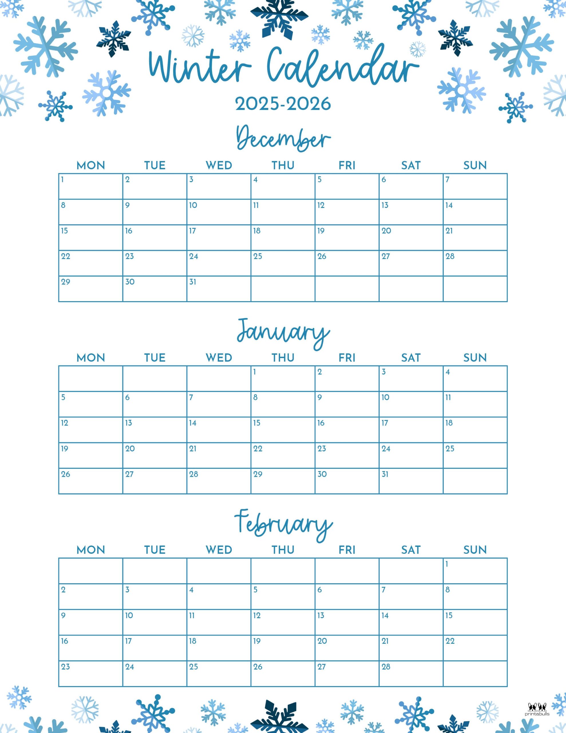 2025-2026 Winter Calendars - 14 FREE Cals | Printabulls