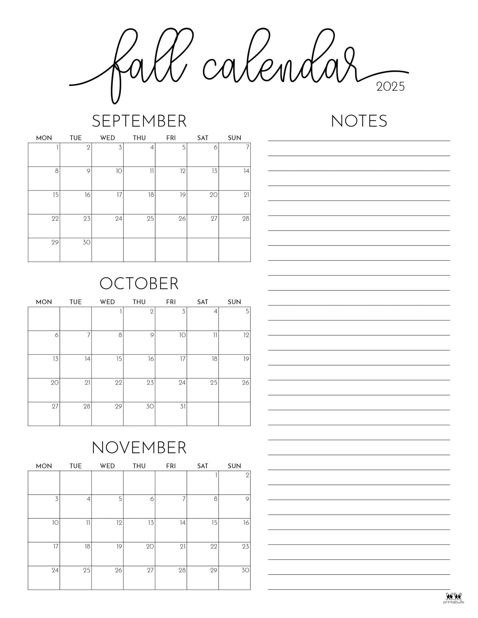 2025 Fall Calendars - 14 FREE Printables | Printabulls