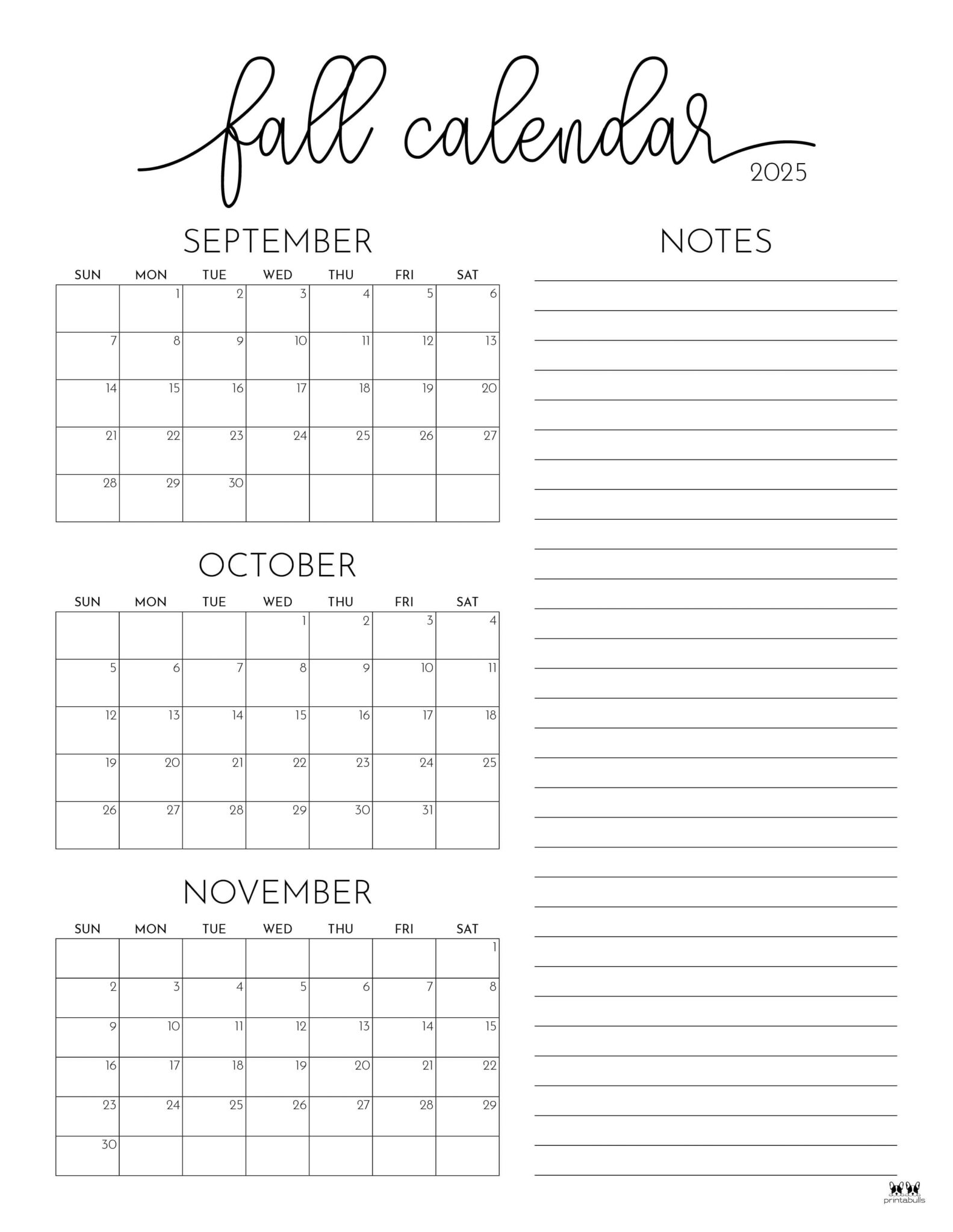 2025 Fall Calendars - 14 FREE Printables | Printabulls