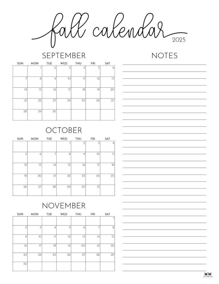 2025 Fall Calendars - 14 FREE Printables | Printabulls