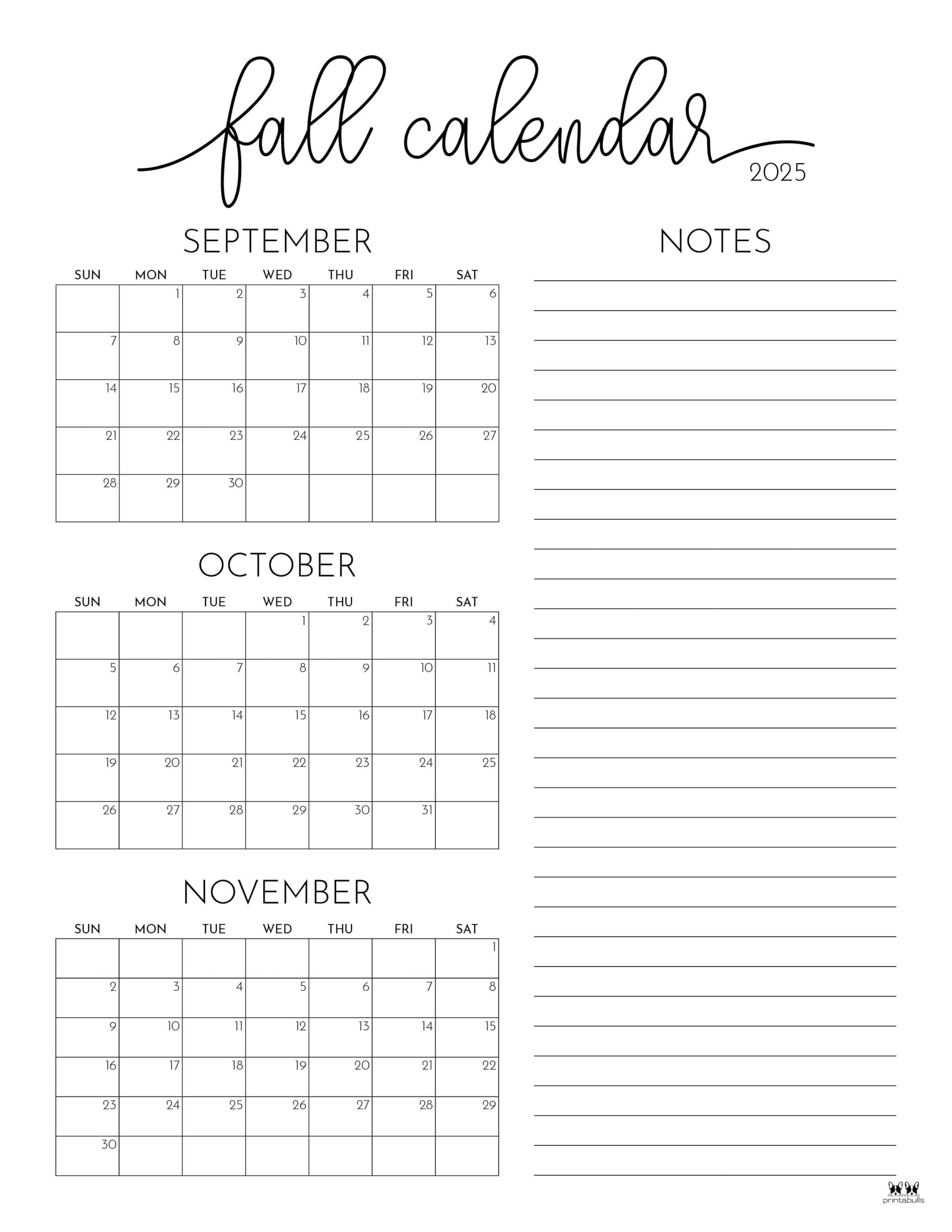 2025 Fall Calendars - 14 FREE Printables | Printabulls