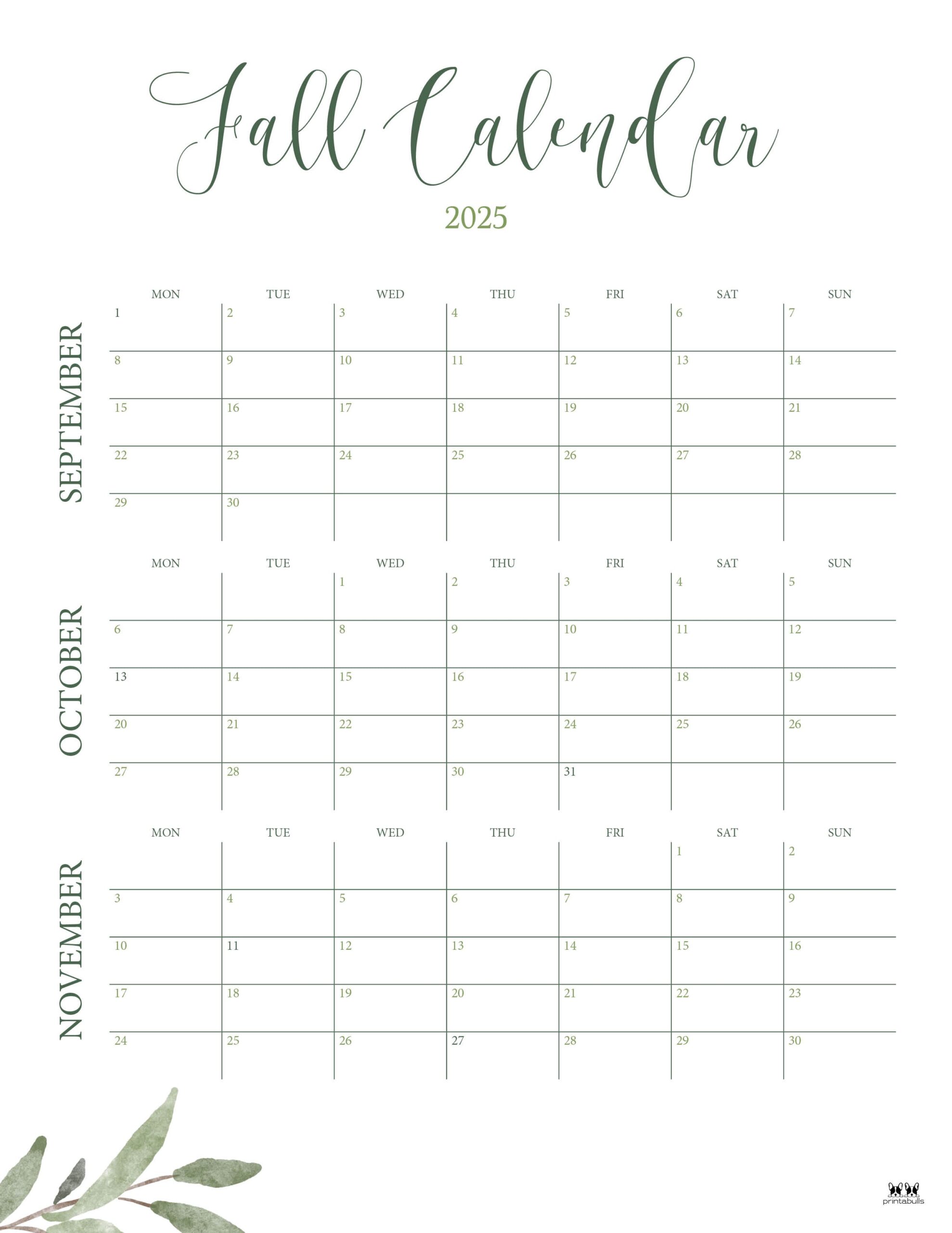 2025 Fall Calendars - 14 FREE Printables | Printabulls