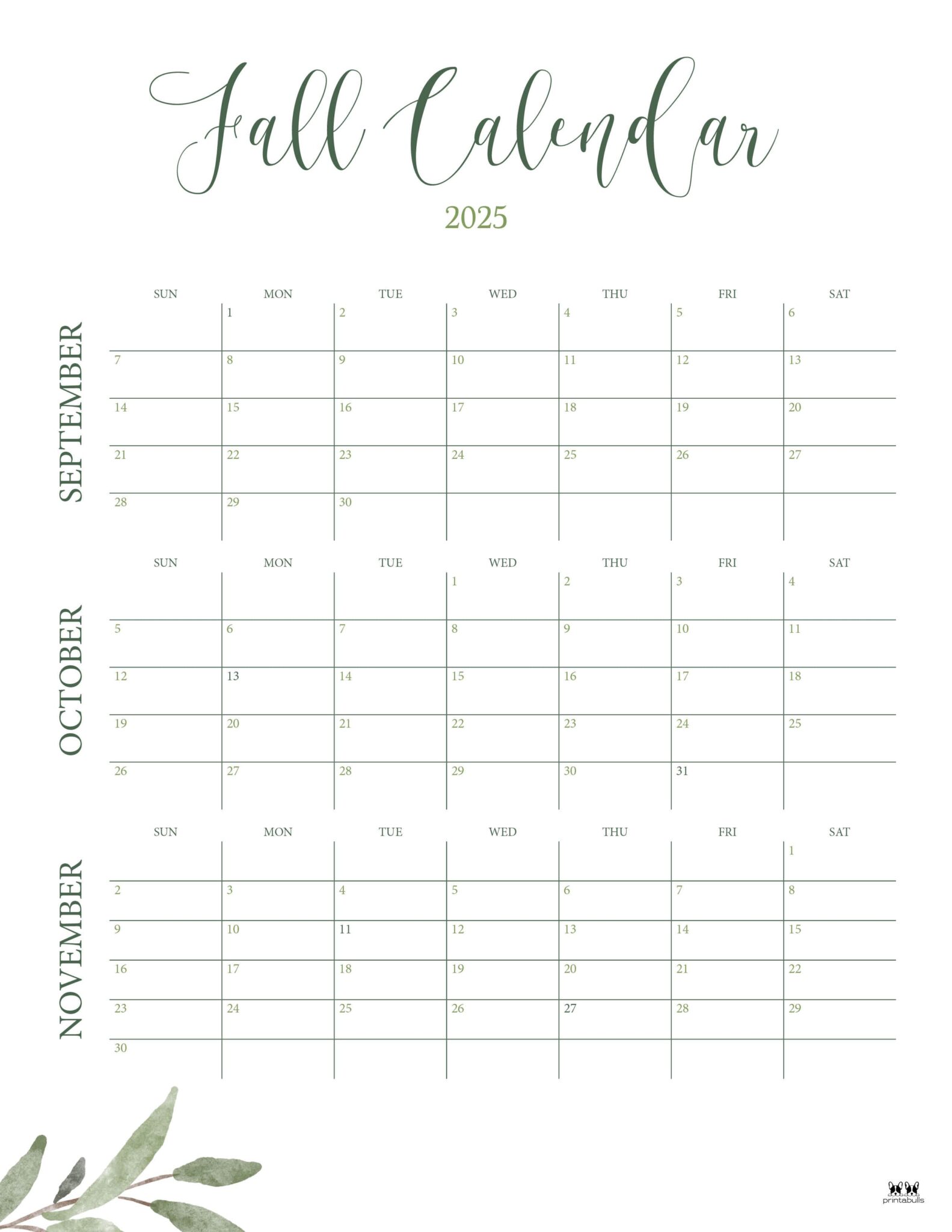 2025 Fall Calendars - 14 FREE Printables | Printabulls