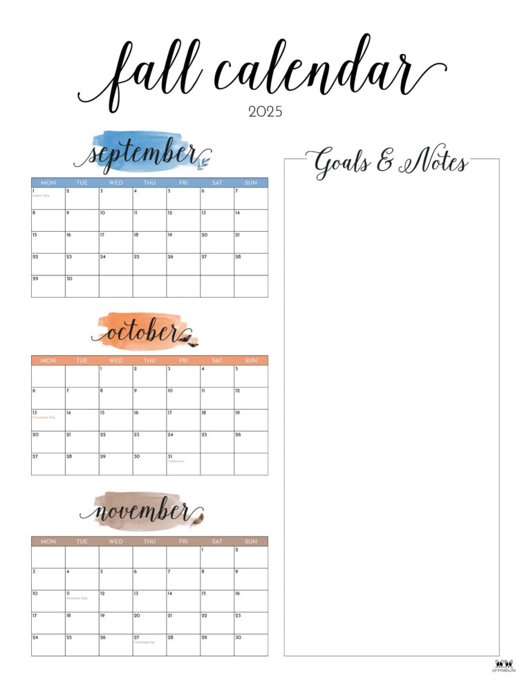 2025 Fall Calendars - 14 FREE Printables | Printabulls