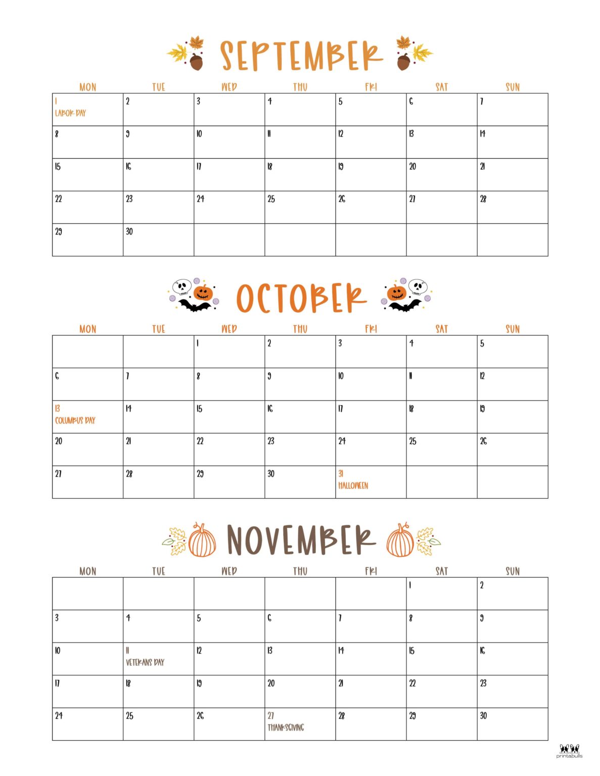 2025 Fall Calendars - 14 FREE Printables | Printabulls