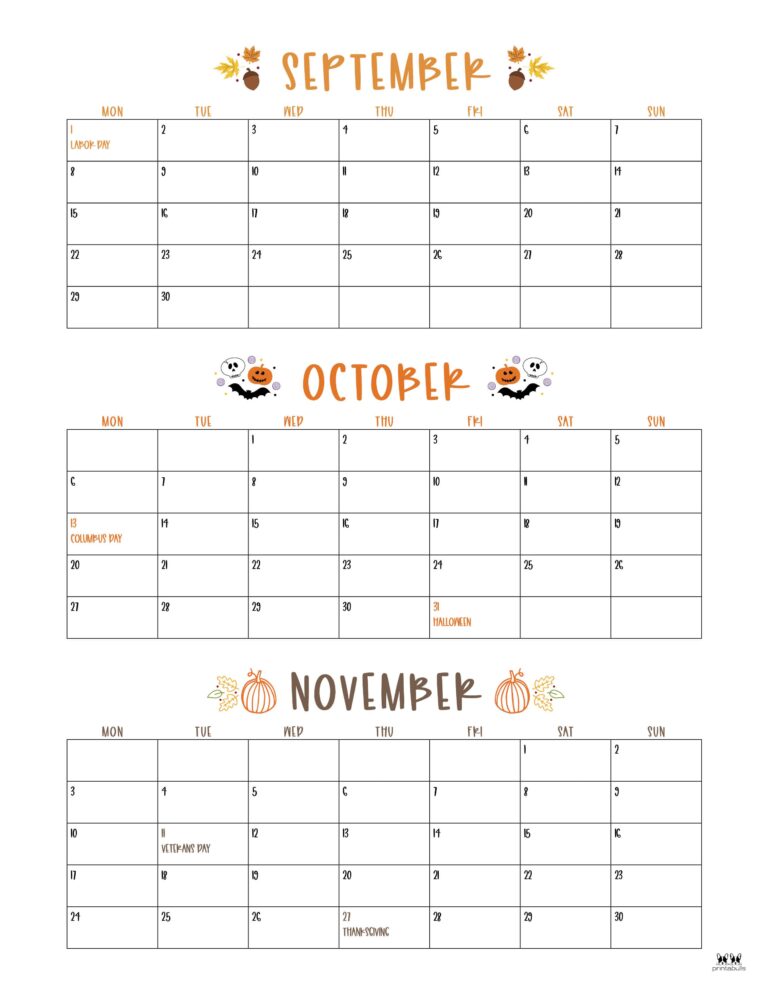 2025 Fall Calendars - 14 FREE Printables | Printabulls