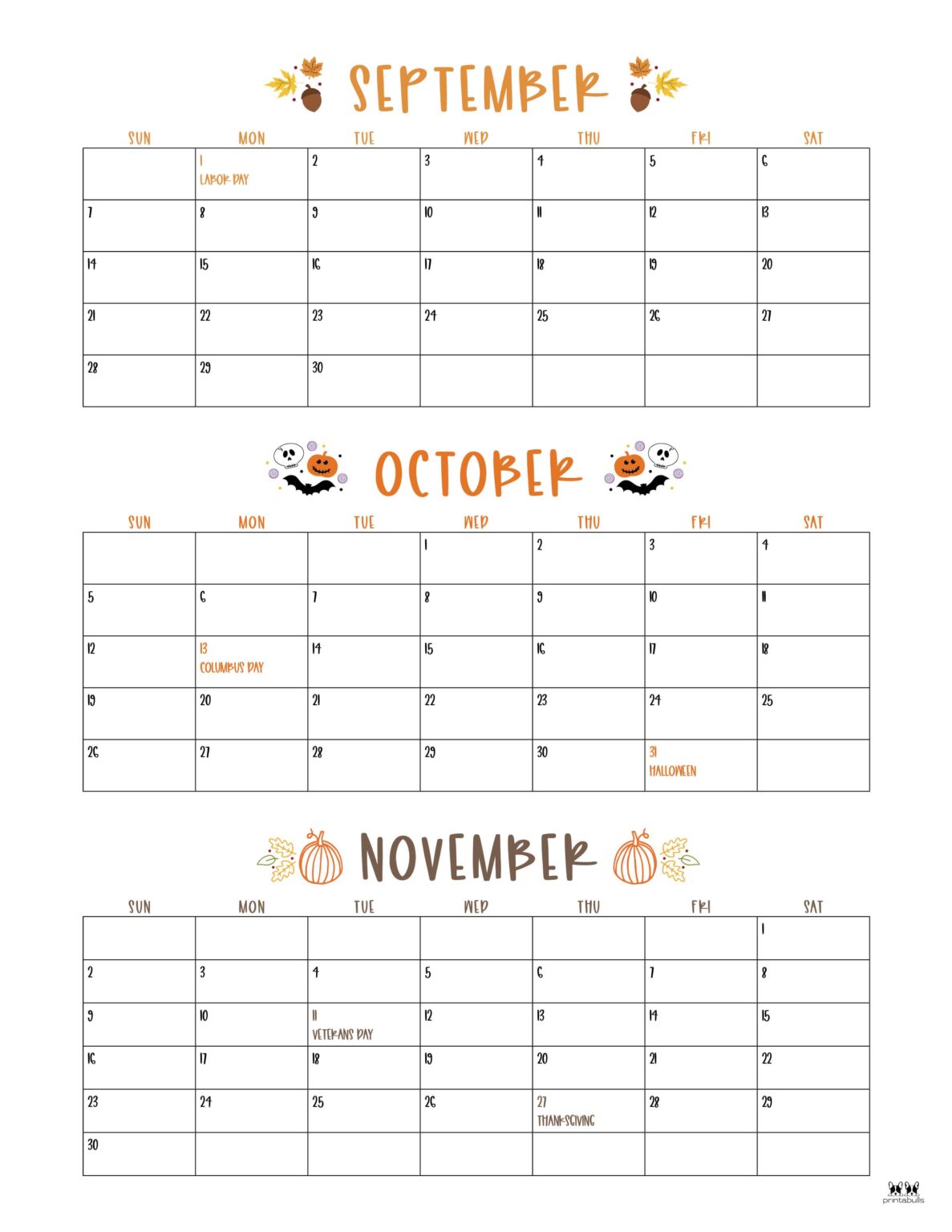 2025 Fall Calendars - 14 FREE Printables | Printabulls