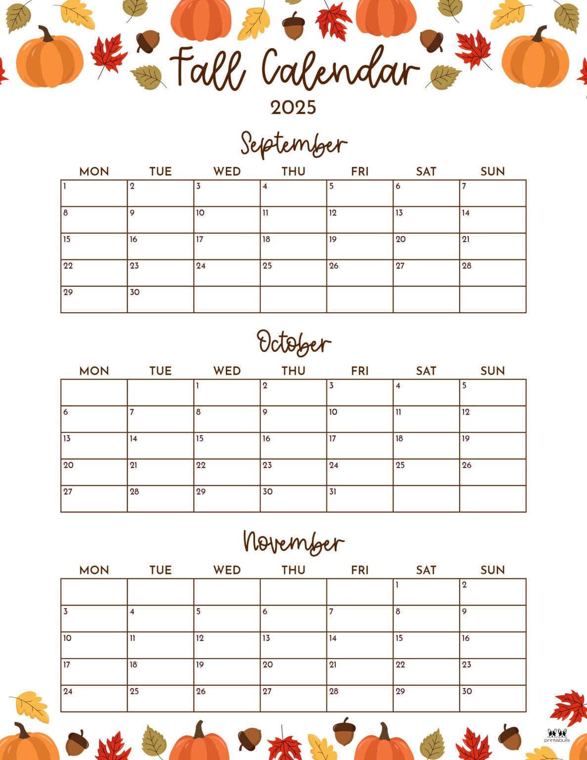 2025 Fall Calendars - 14 FREE Printables | Printabulls