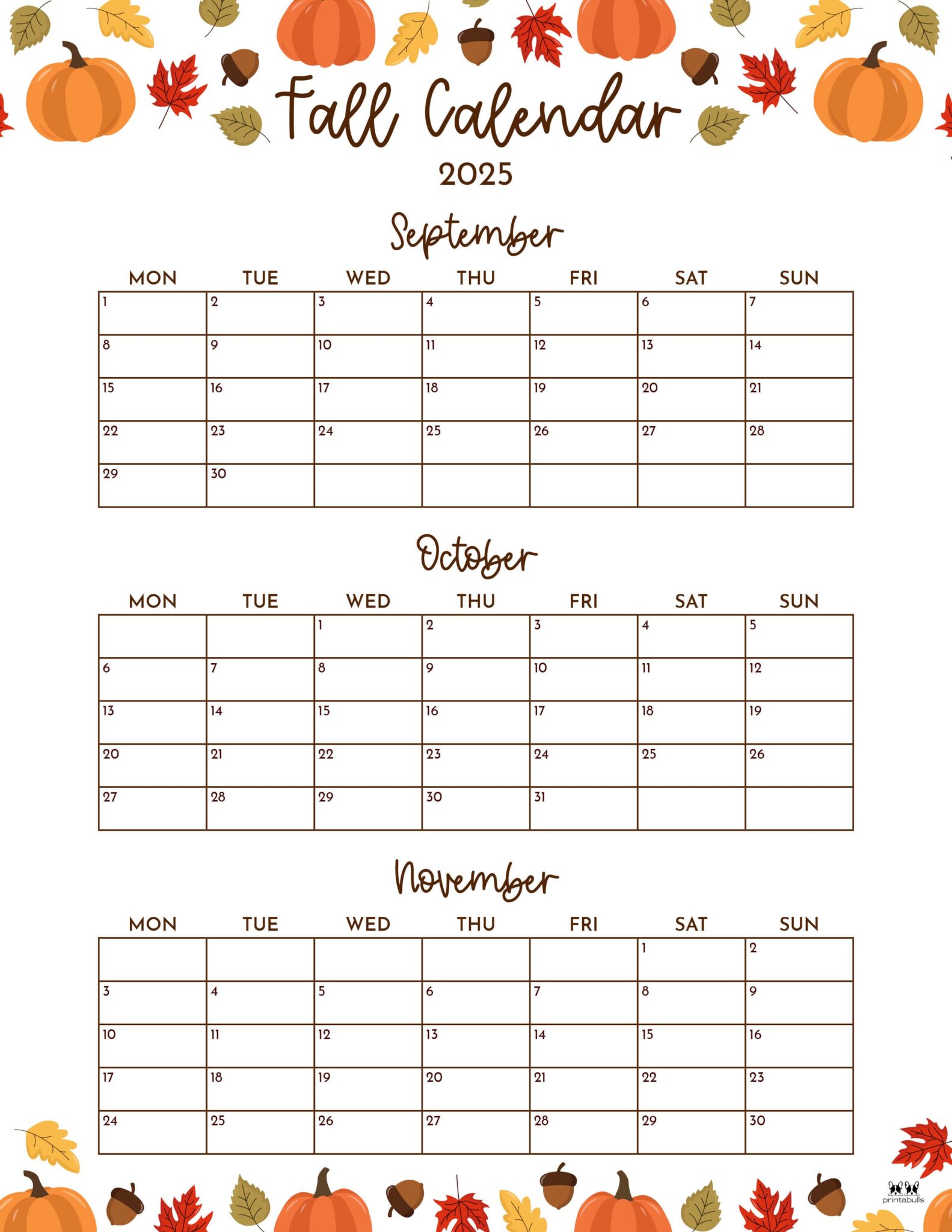 2025 Fall Calendars - 14 FREE Printables | Printabulls