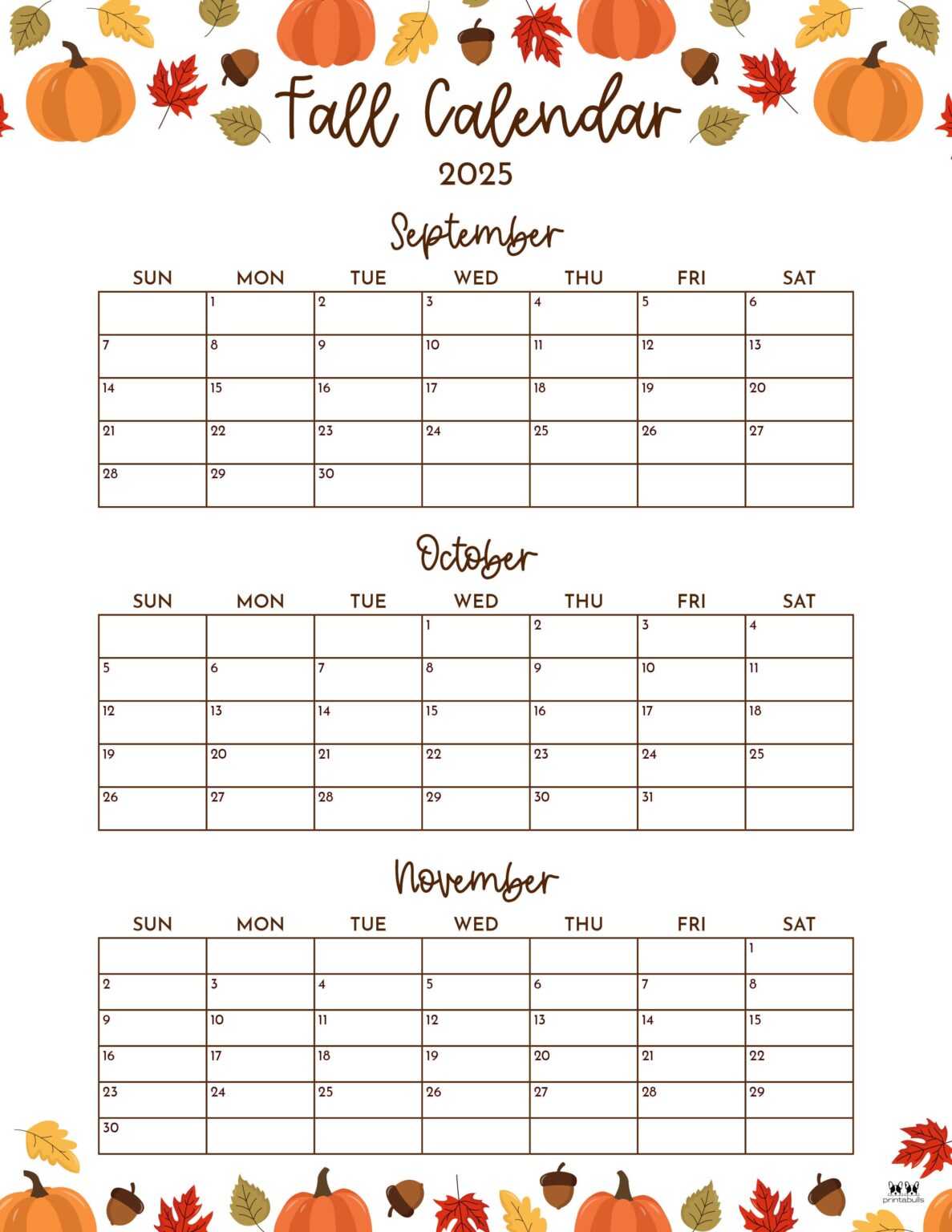 2025 Fall Calendars - 14 FREE Printables | Printabulls