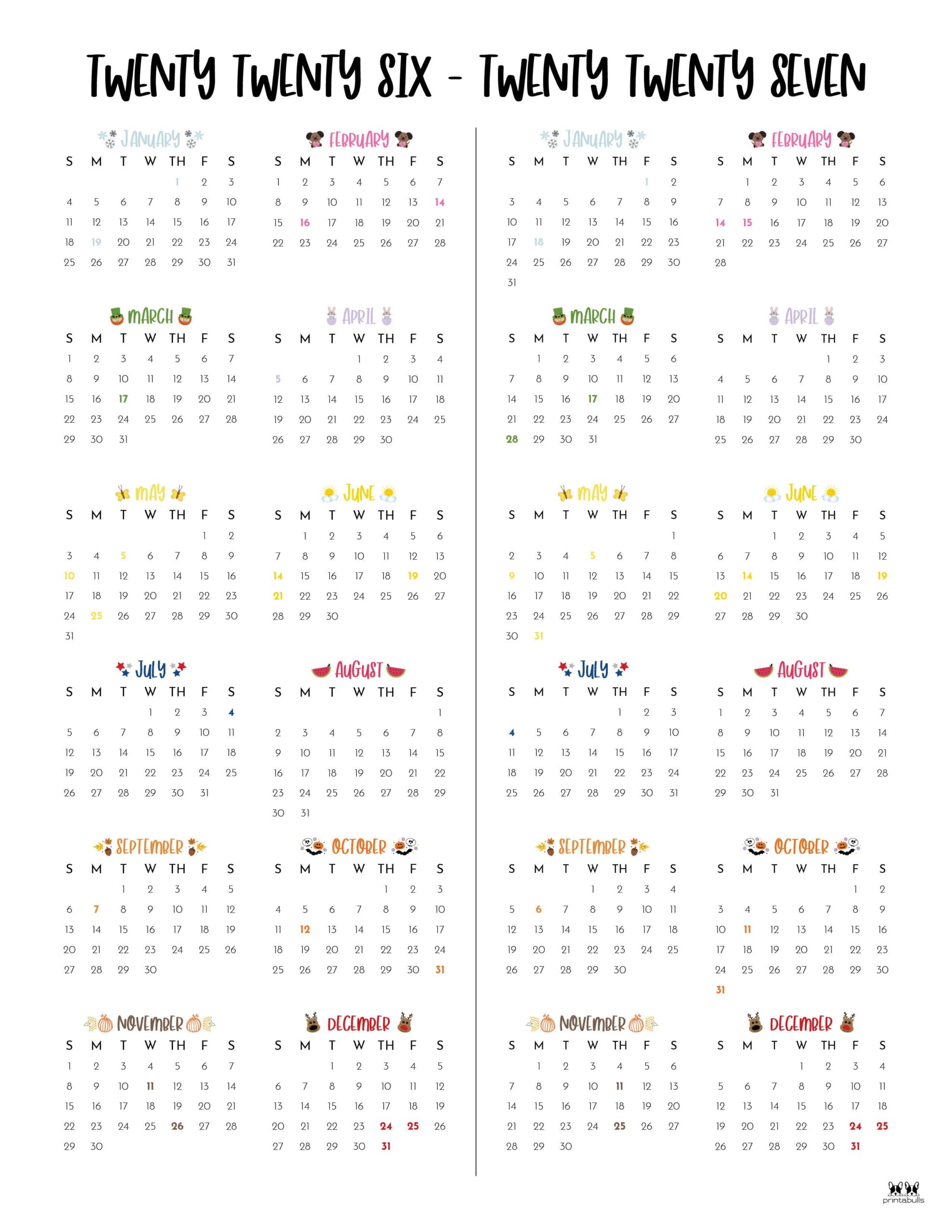 2026-2027 Two Year Calendars - 10 FREE Cals | Printabulls