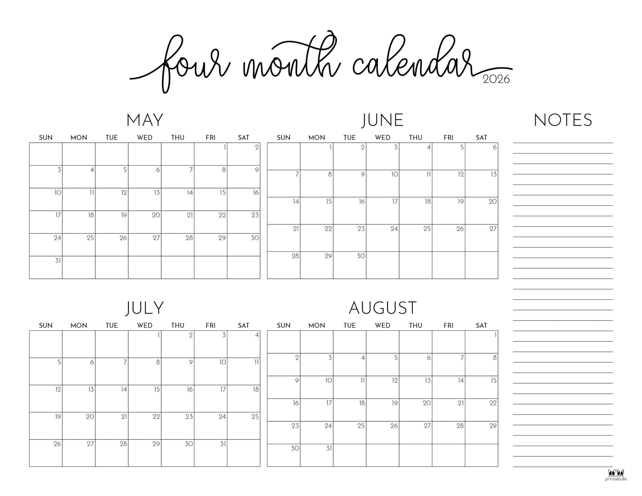 2026 Four Month Calendars - 31 FREE Printables | Printabulls
