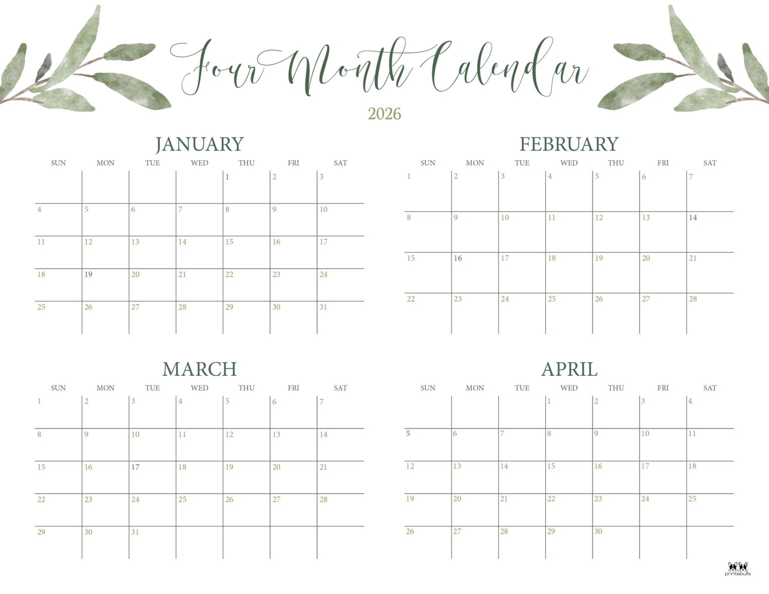 2026 Four Month Calendars - 31 FREE Printables | Printabulls