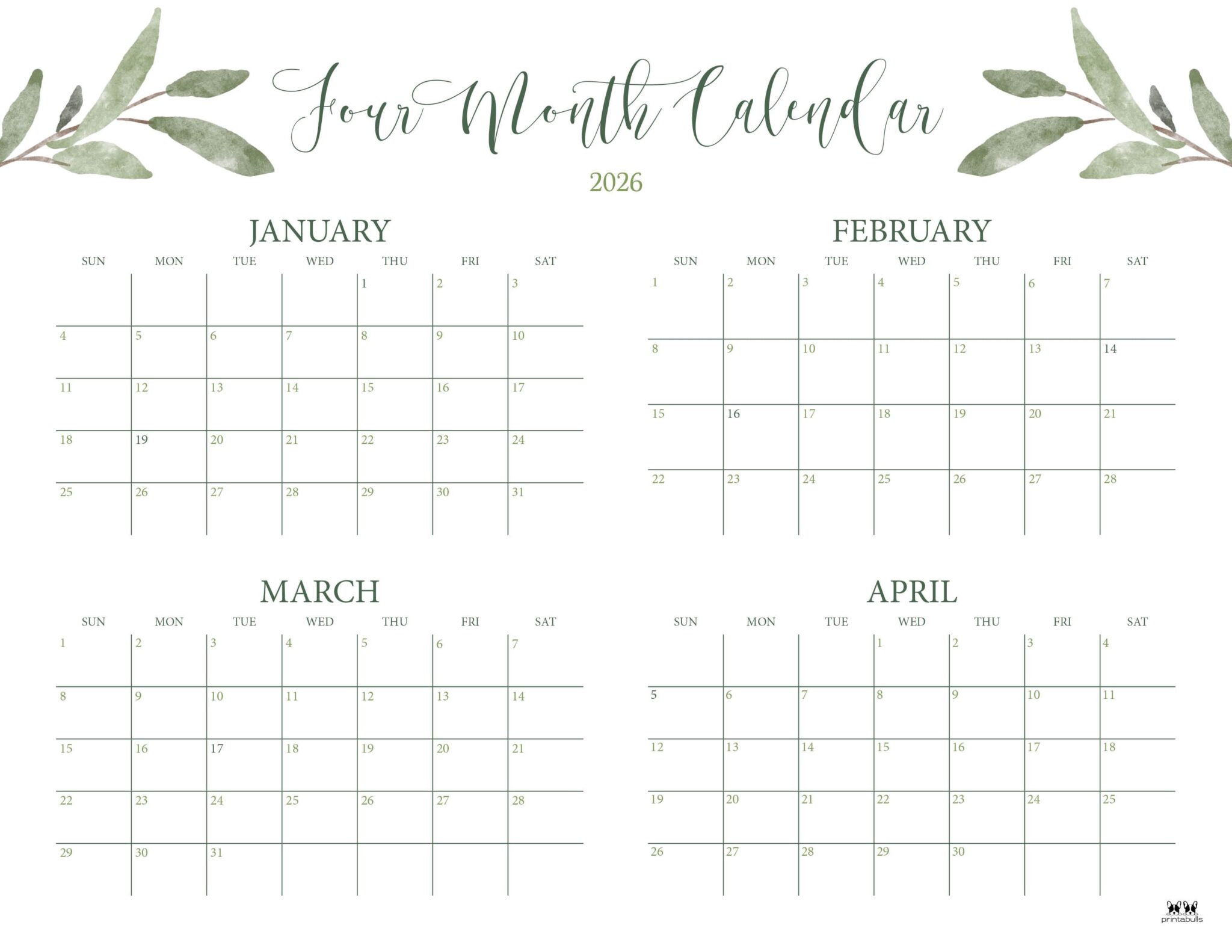 2026 Four Month Calendars - 31 FREE Printables | Printabulls