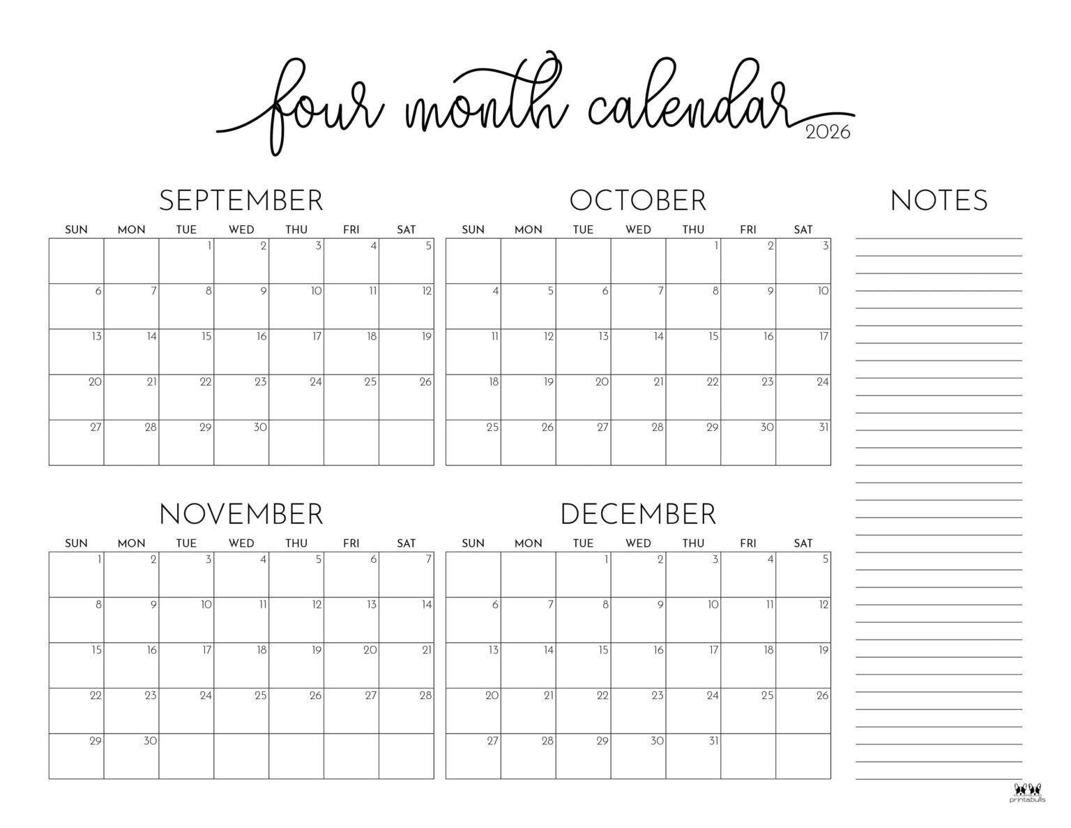 2026 Four Month Calendars 31 Free Printables Printabulls