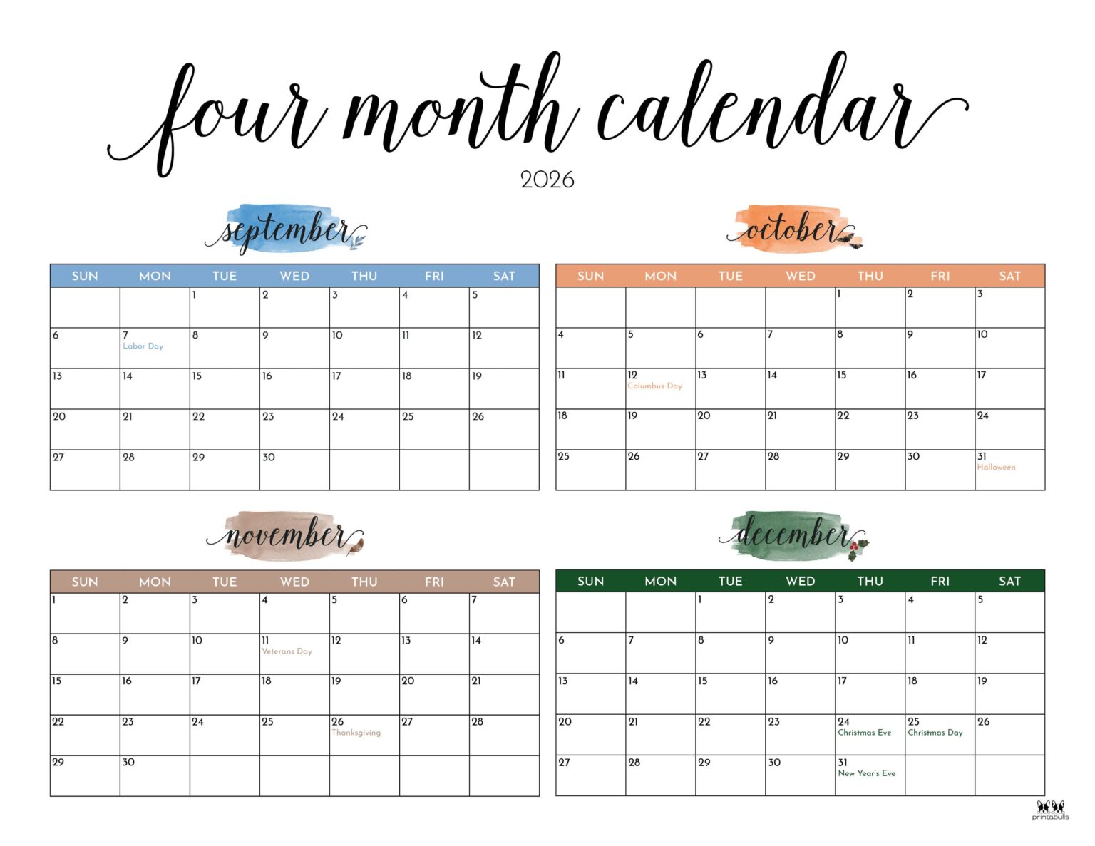 2026 Four Month Calendars - 31 FREE Printables | Printabulls