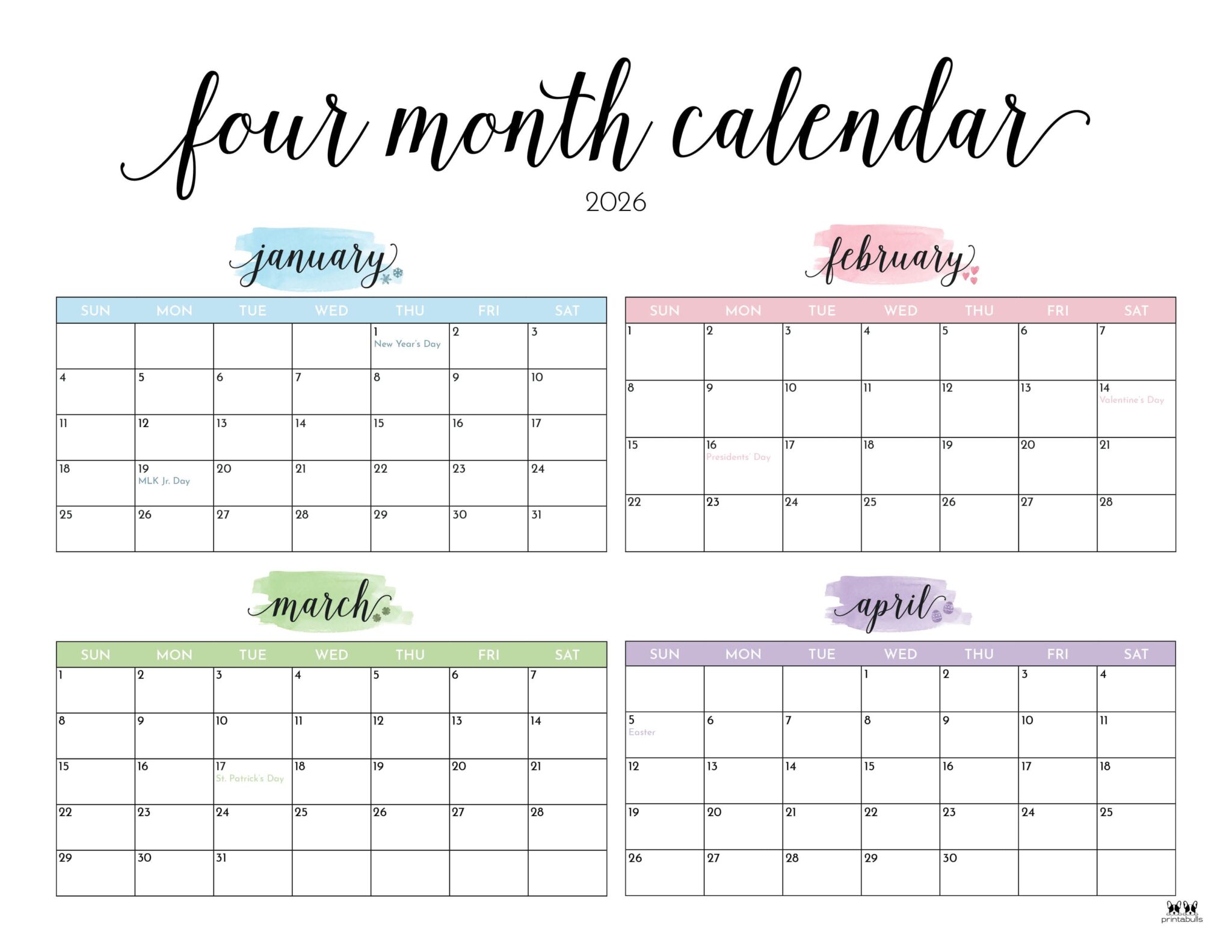 2026 Four Month Calendars - 31 FREE Printables | Printabulls