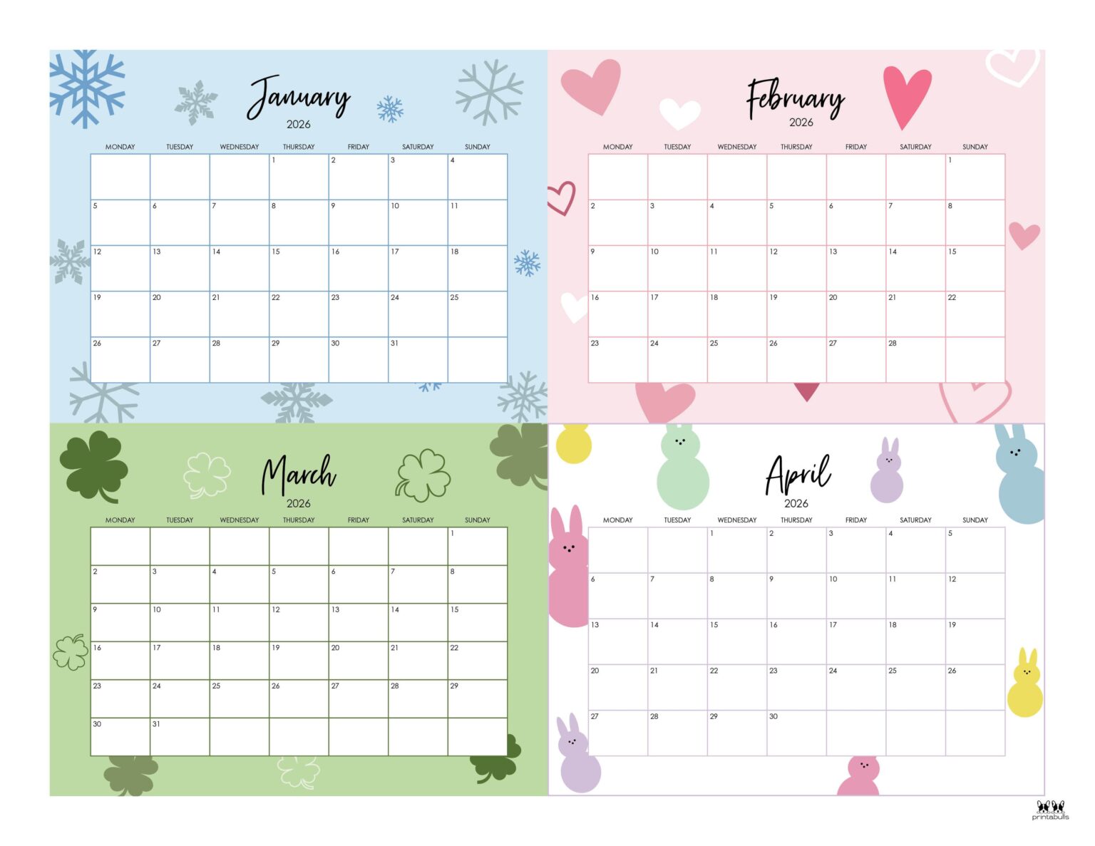 2026 Four Month Calendars - 31 FREE Printables | Printabulls