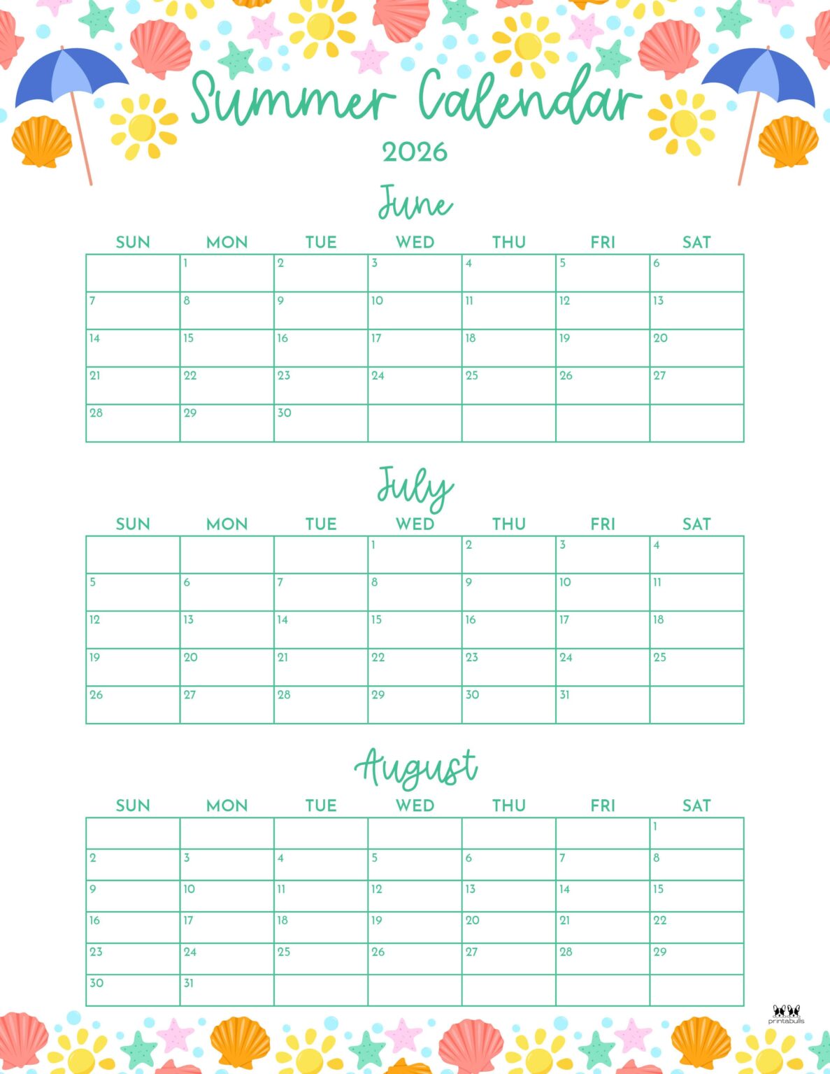 2026 Summer Calendars - 43 FREE Printables | Printabulls