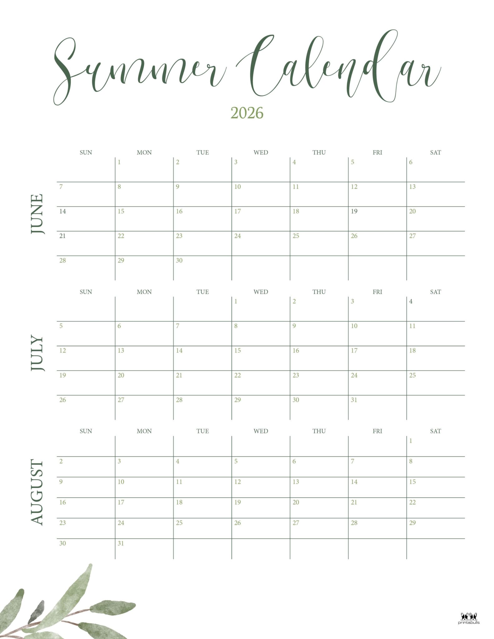 2026 Summer Calendars - 31 FREE Printables | Printabulls