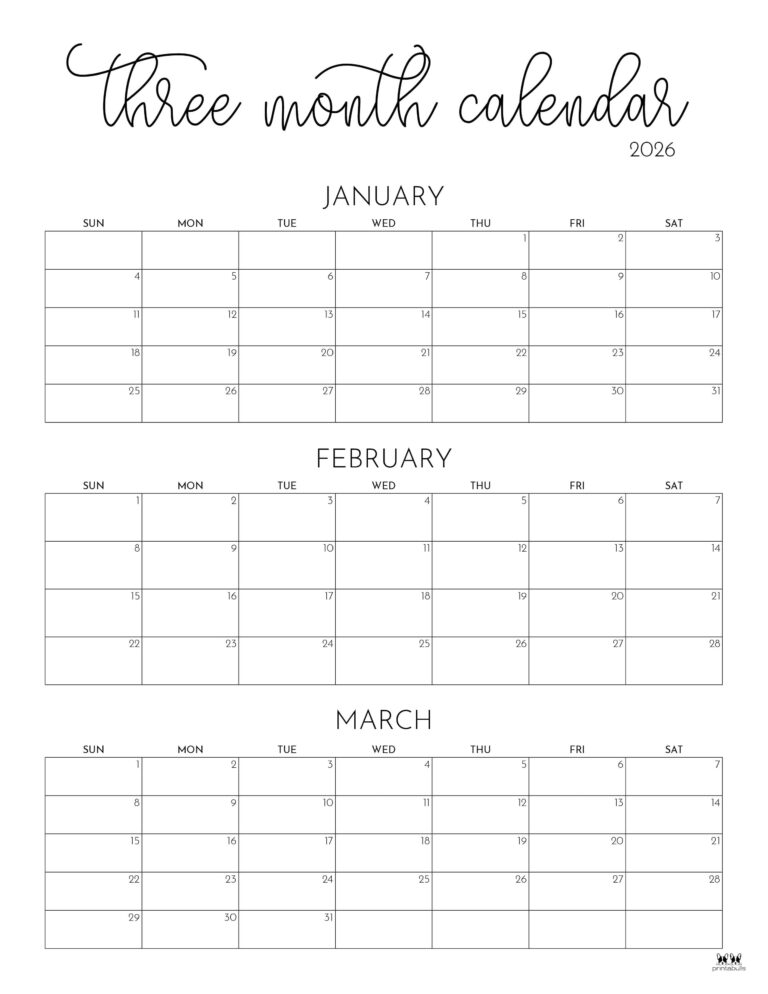 2026 Three Month/Quarterly Calendars - 36 FREE Cals | Printabulls