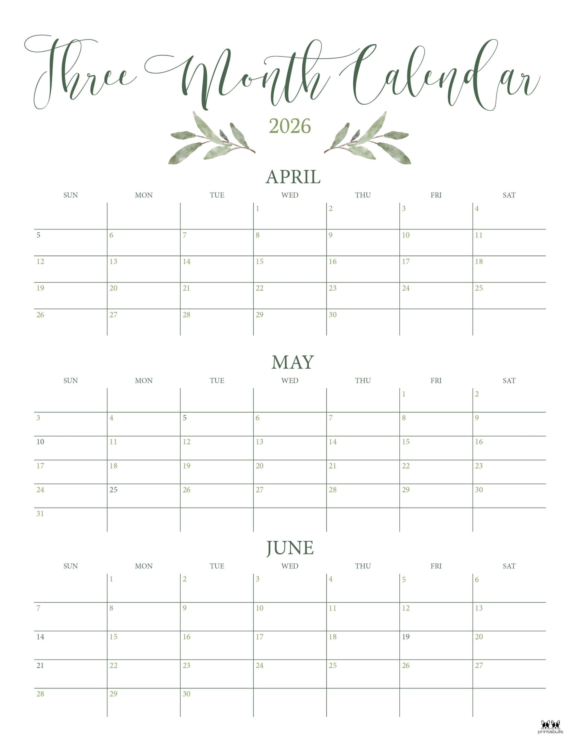 2026 Three Month/Quarterly Calendars - 36 FREE Cals | Printabulls