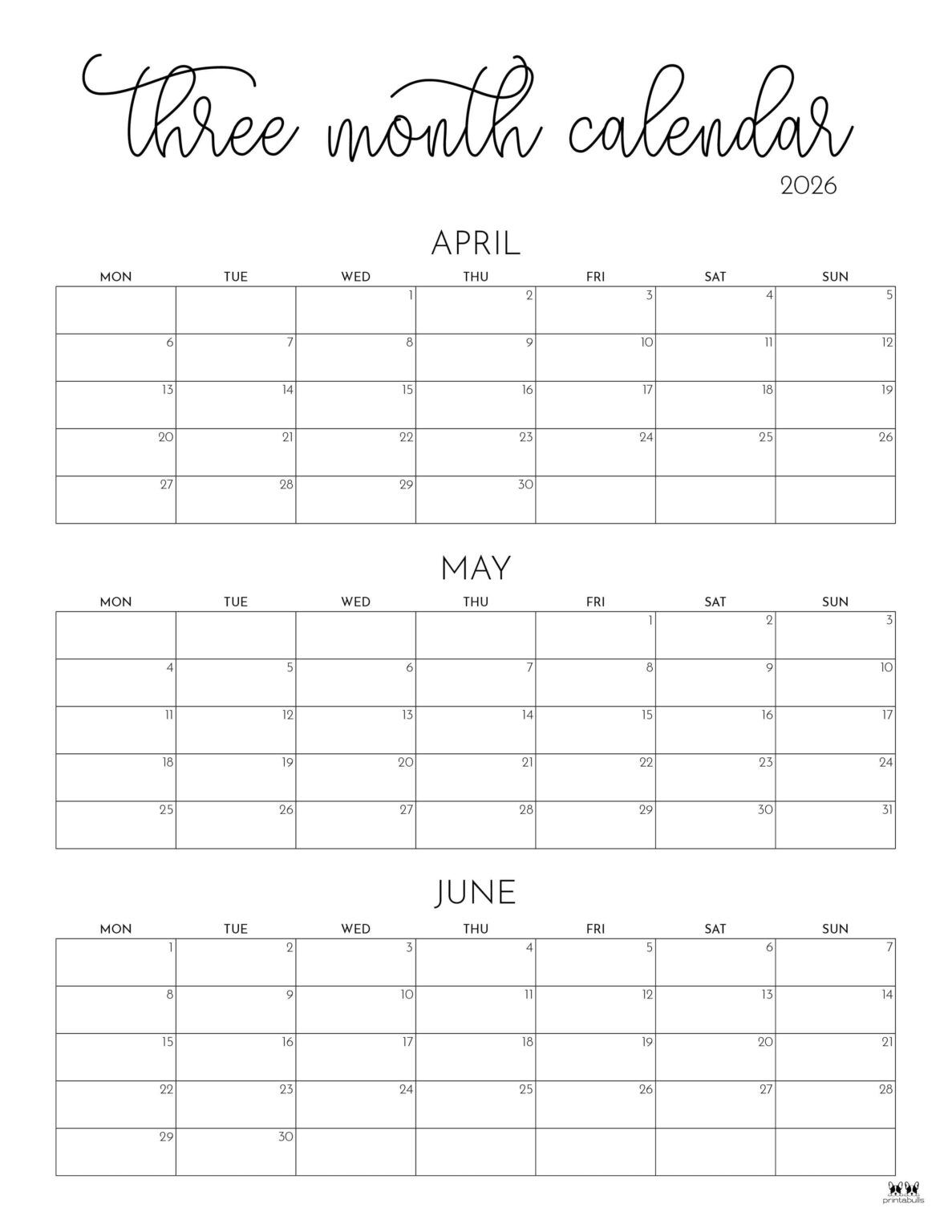 2026 Three Month/Quarterly Calendars - 36 FREE Cals | Printabulls