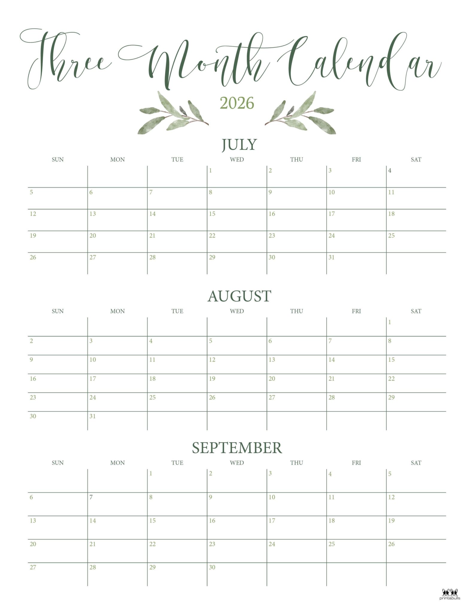 2026 Three Month/Quarterly Calendars - 36 FREE Cals | Printabulls
