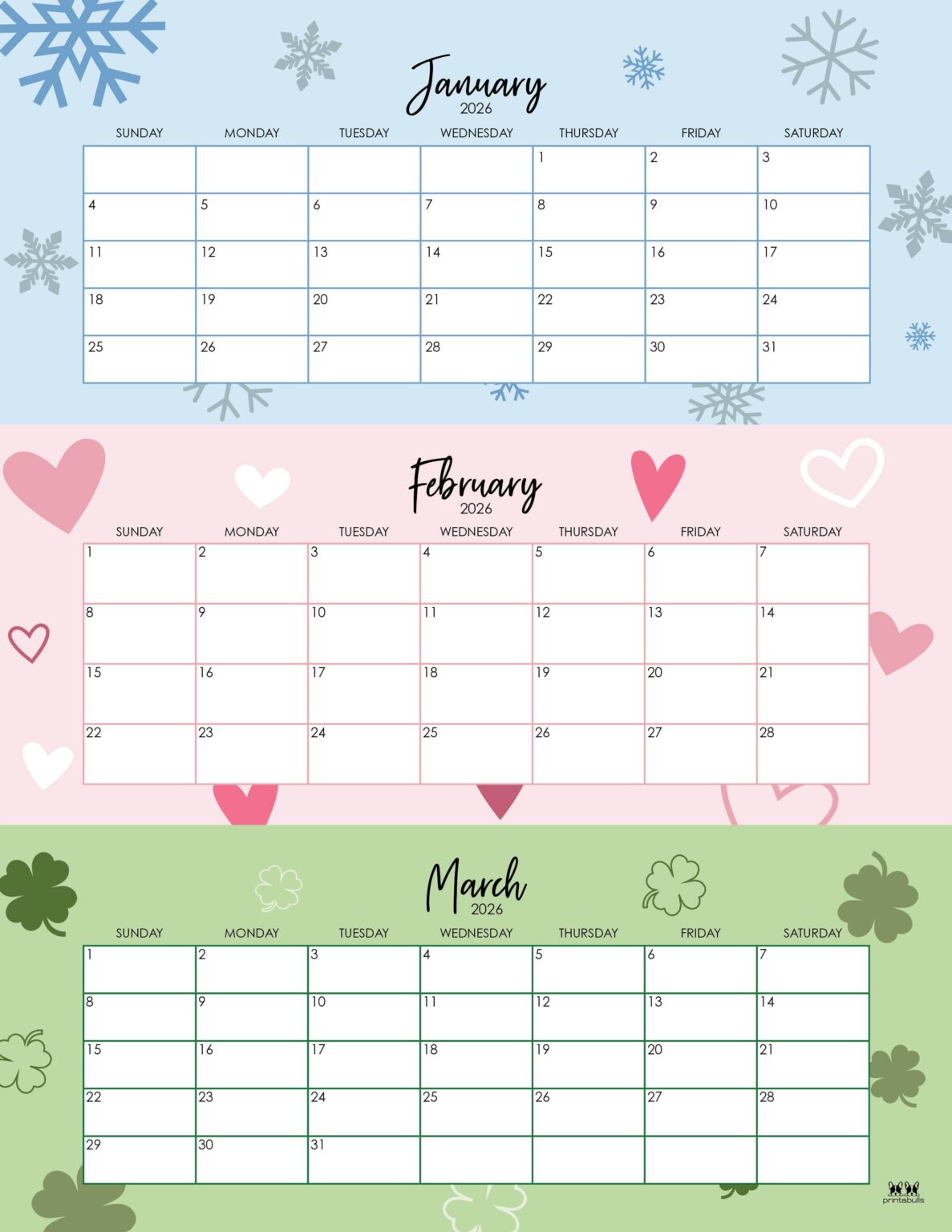 2026 Three Month/Quarterly Calendars - 36 FREE Cals | Printabulls