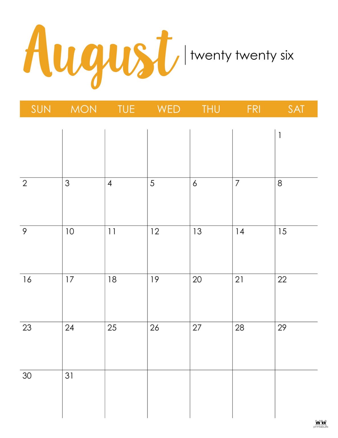 August 2026 Calendars - 150 FREE Printables | Printabulls