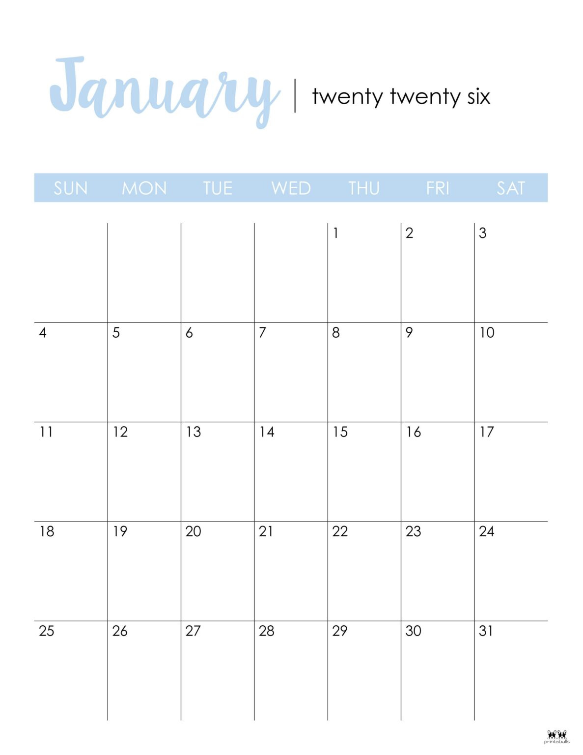 January 2026 Calendars - 150 FREE Printables | Printabulls
