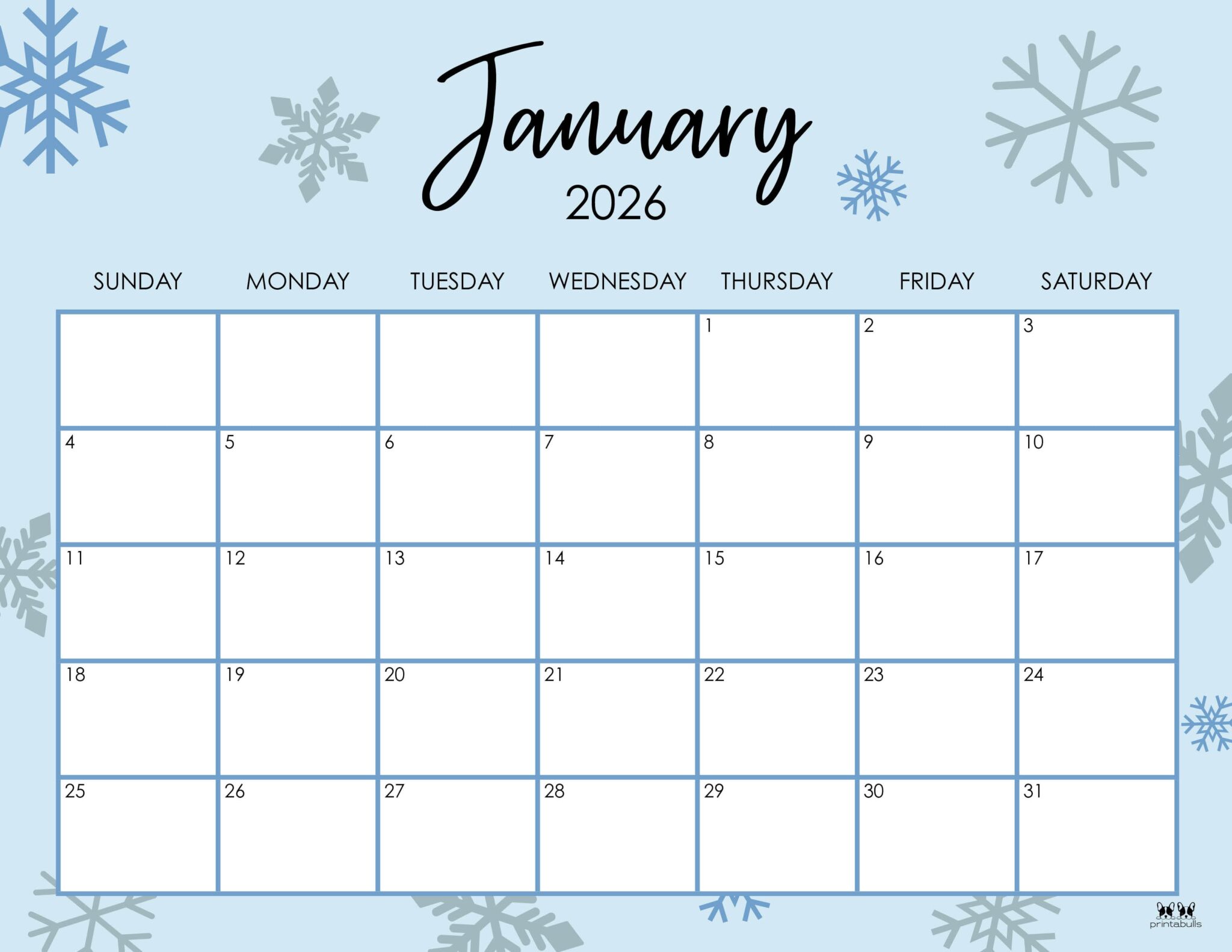 January 2026 Calendars - 123 FREE Printables | Printabulls