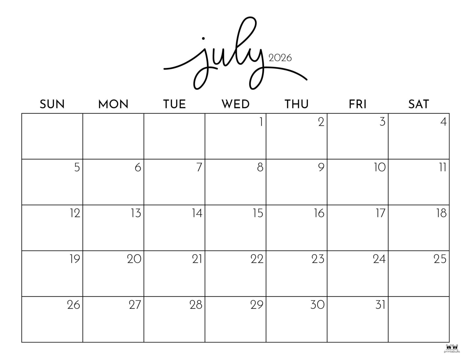 July 2026 Calendars - 150 FREE Printables | Printabulls
