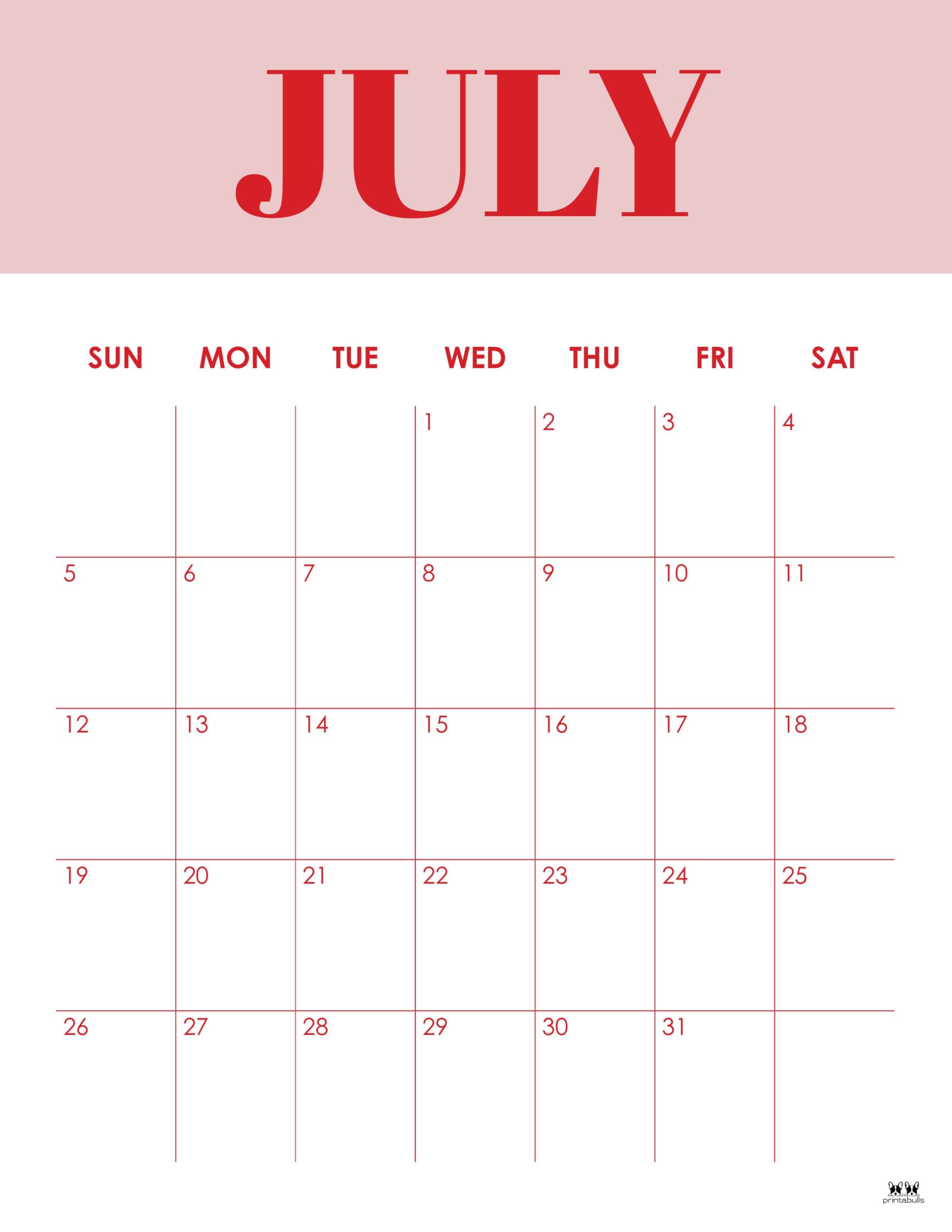 July 2026 Calendars - 150 FREE Printables | Printabulls